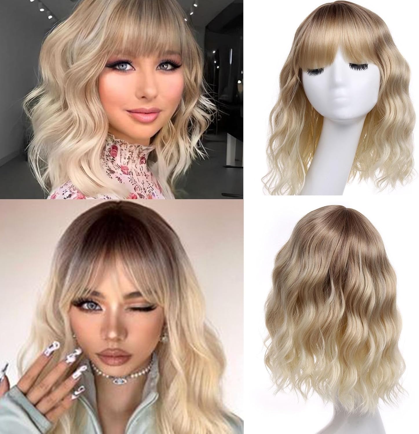 Samtress 12 Inch Bob Wigs Wavy With Bangs Short Bob Wig Shoulder Length ...