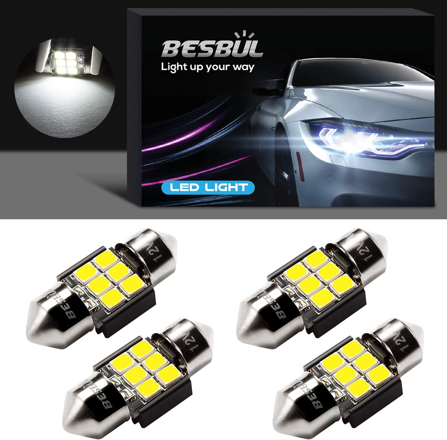 Amazon.com: HSUN DE3175 LED Bulb 12V-24V 31MM DE3022 6000K White C5W ...