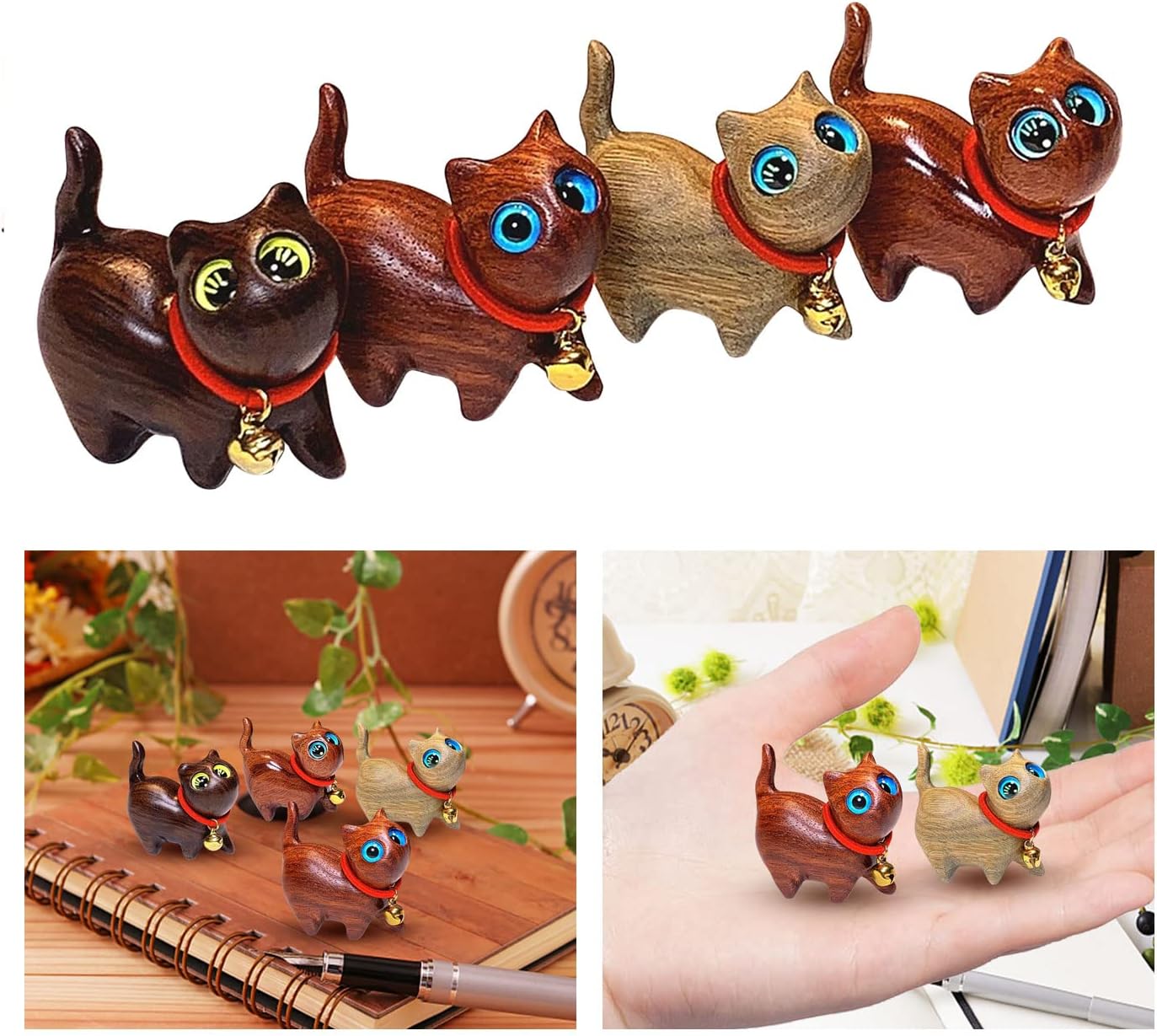 Amazon.com: SYWAN 4Pcs Sandalwood Hand Carved Wood Cat, Handmade Wood ...