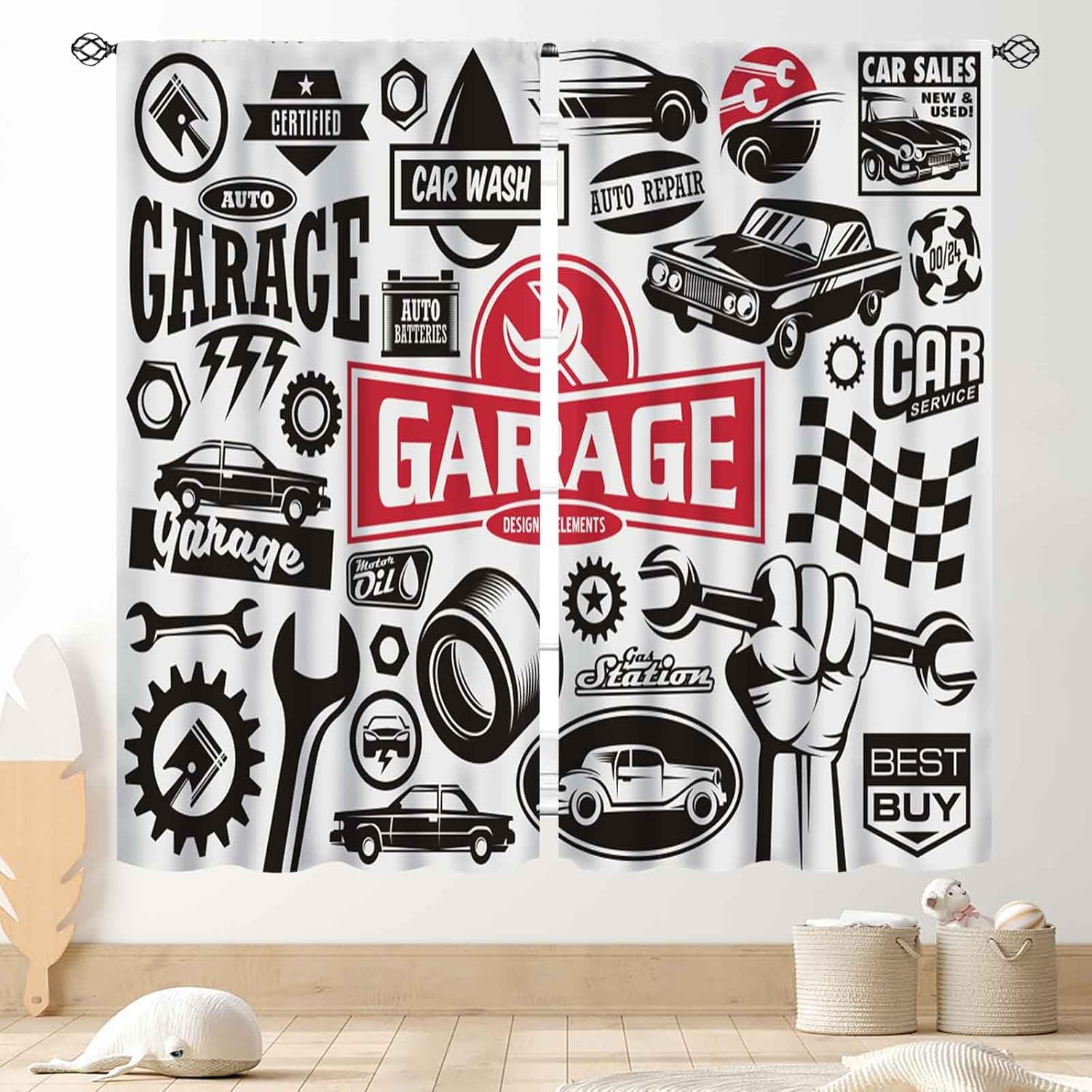 Amazon.com: Garage Window Curtains, Retro Man Cave Repair Vehicle ...