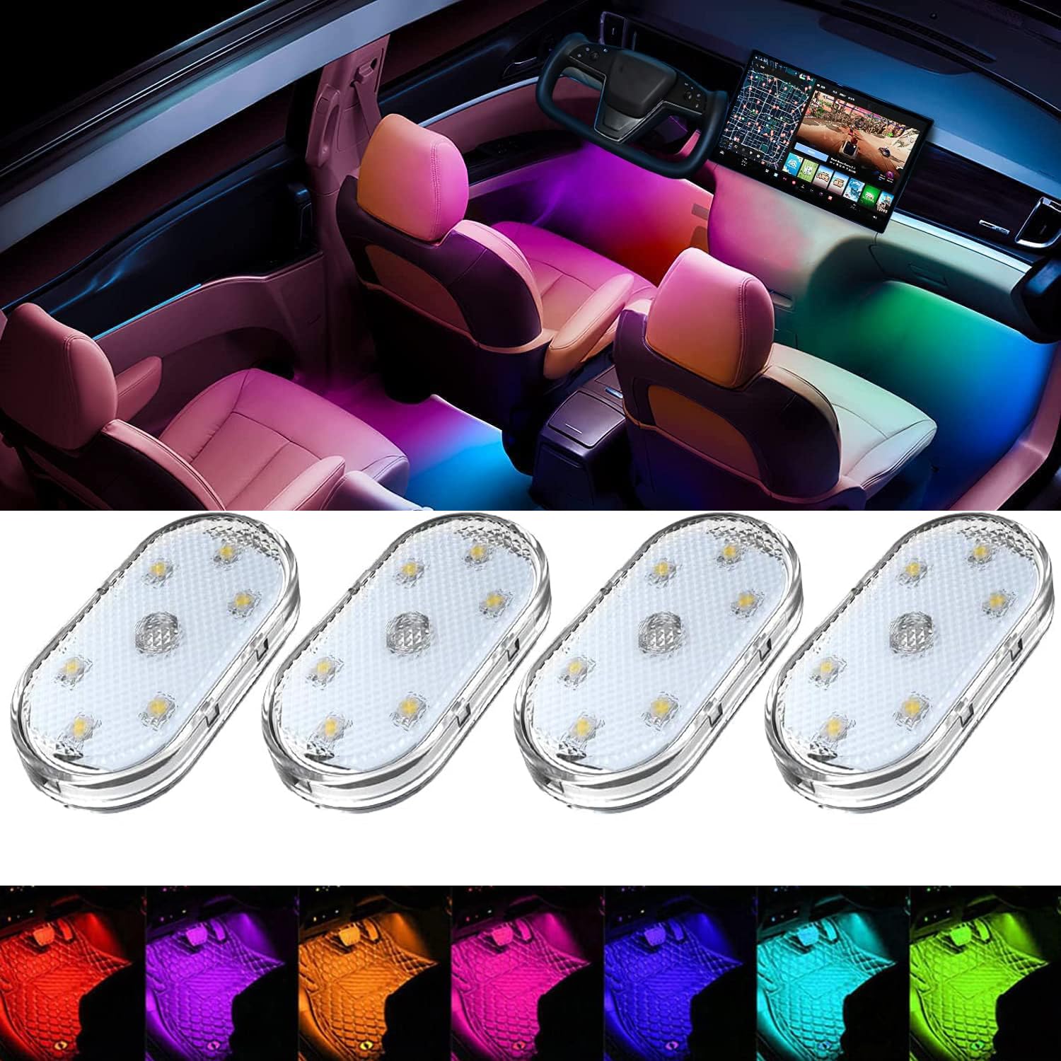 4Pcs Car LED Lights Interior Wireless, car led Lights Interior 7 Colors ...