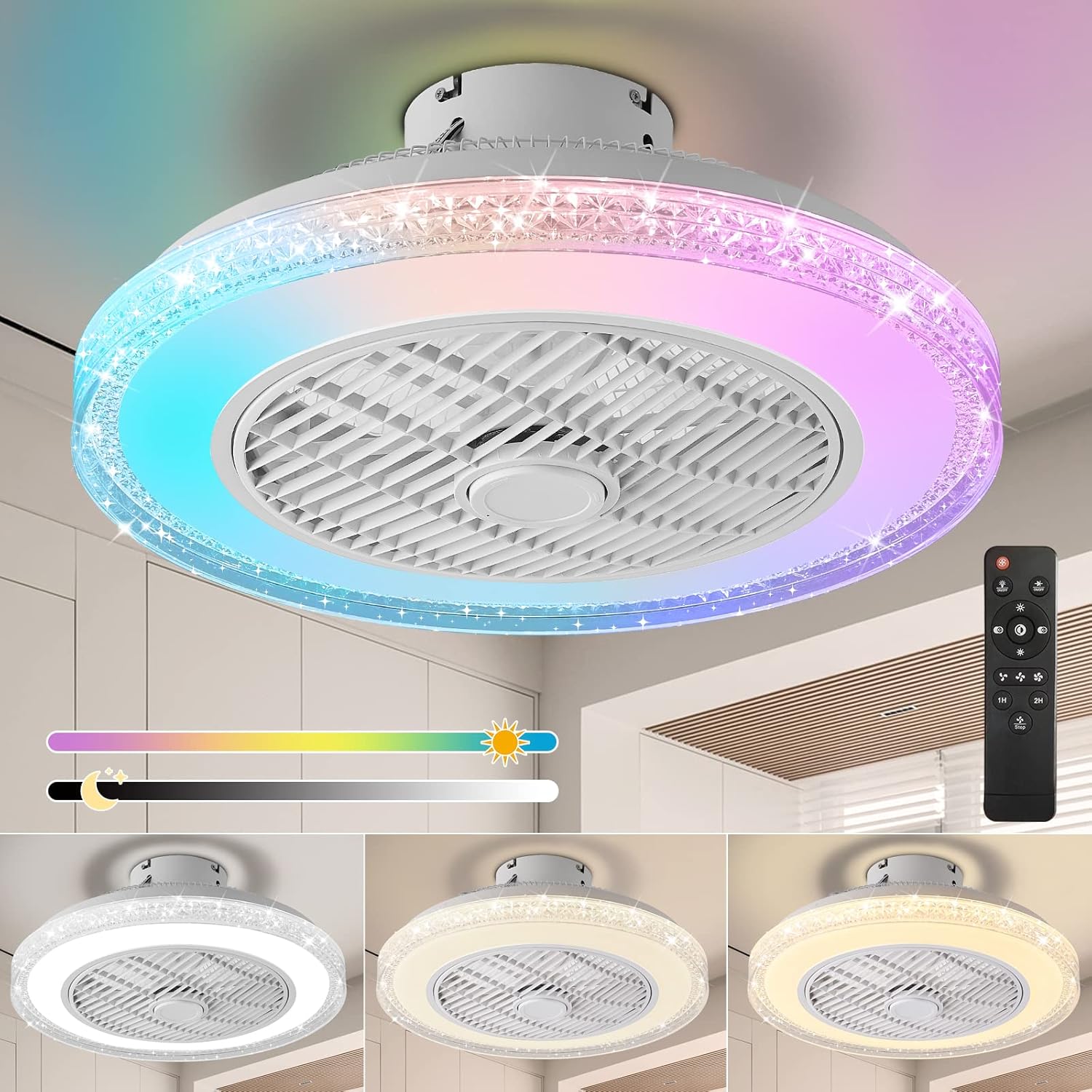 RGB Ceiling Fans with Lights and Remote 18in 72W White Starry Sky ...