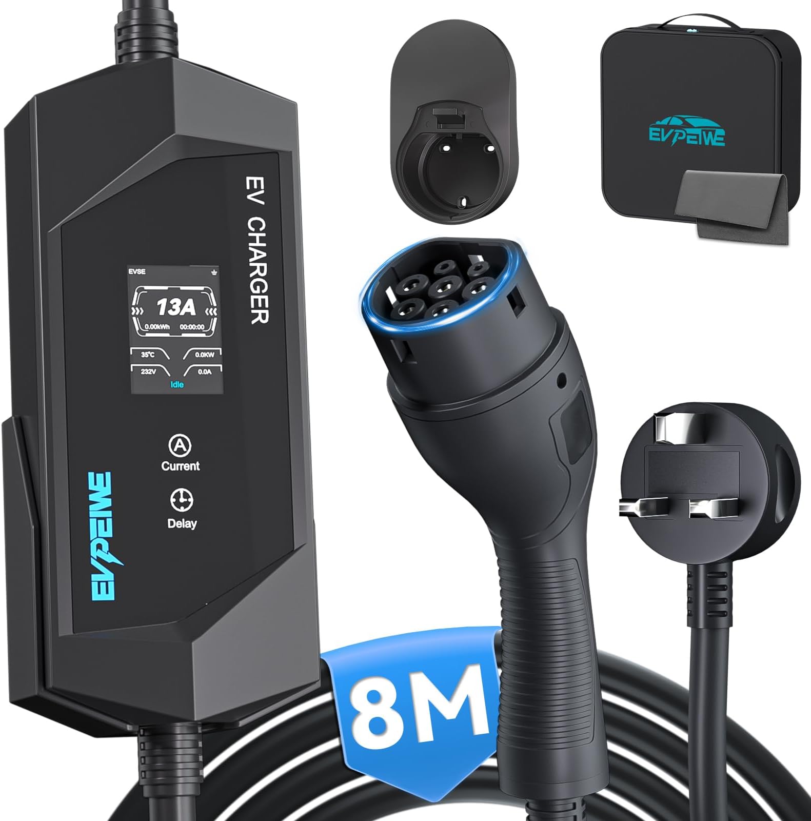 EVPEIWE Type 2 EV Charger to UK 3 Pin Plug 26ft/8M, 6/8/10/13A Portable ...