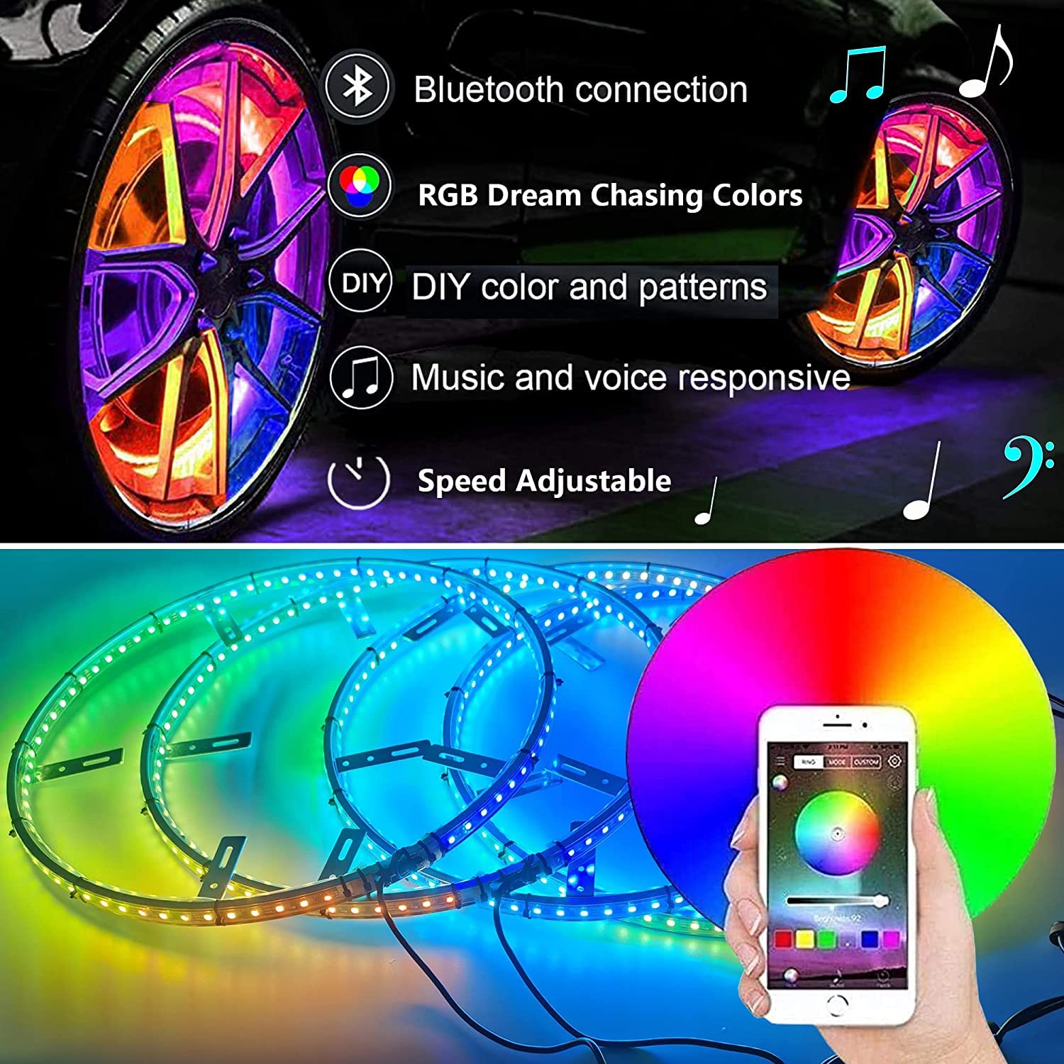 4Pcs 15.5in Double Row RGB Rim Lights,576 LEDs Dream Chasing Colors ...