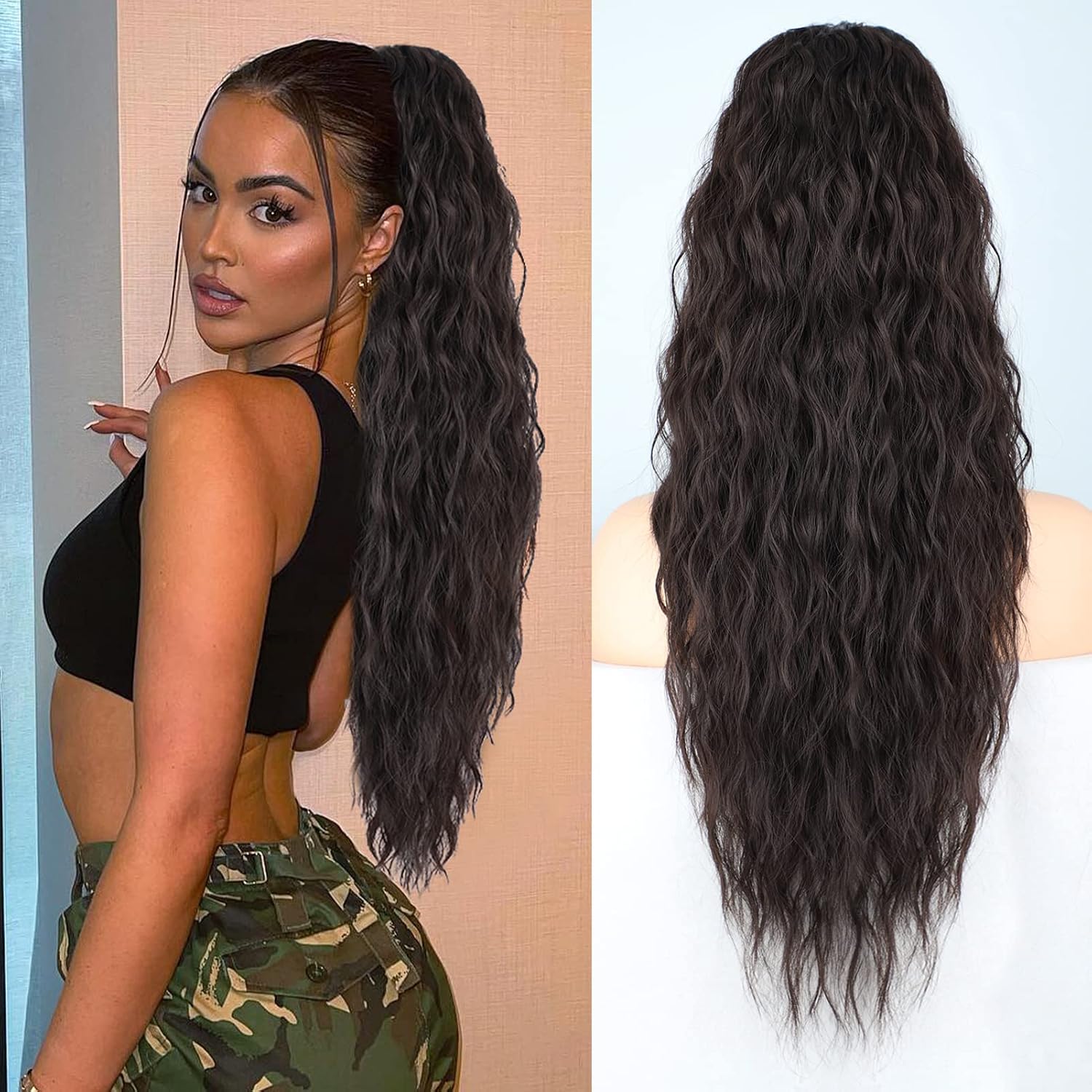 26 Inch Long Black Drawstring Ponytail Extension for Women Synthetic ...