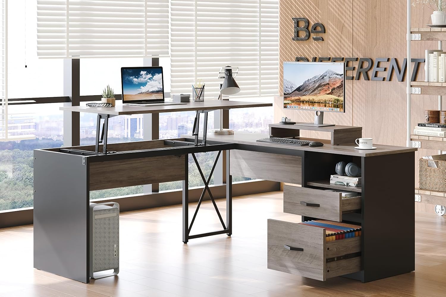 Amazon.com: Bestier Lift Top L Shaped Desk with File Drawer, 55'' x 55 ...
