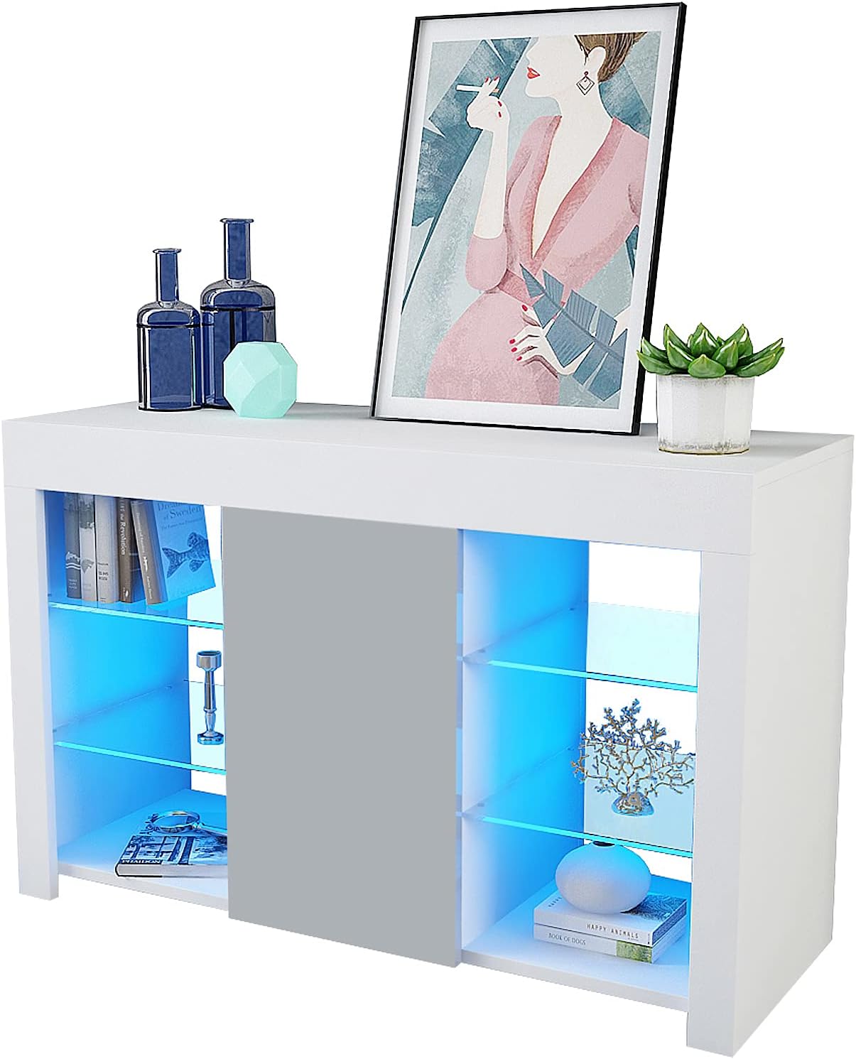 Panana High Gloss Sideboard Cupboard with LED Lights and 4 Glass ...
