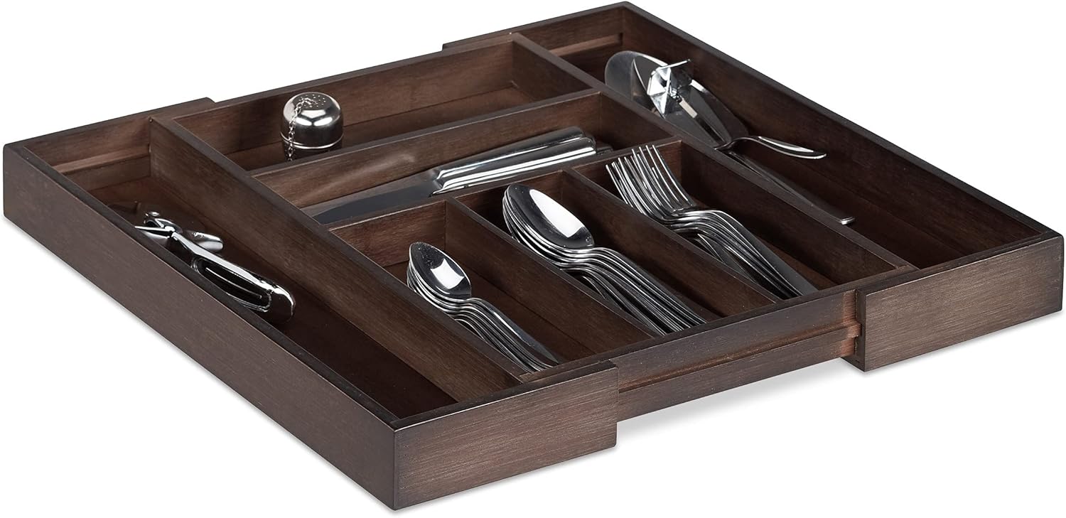 Relaxdays Extendable Cutlery Tray, var. Width, 5-7 Compartments, Bamboo ...