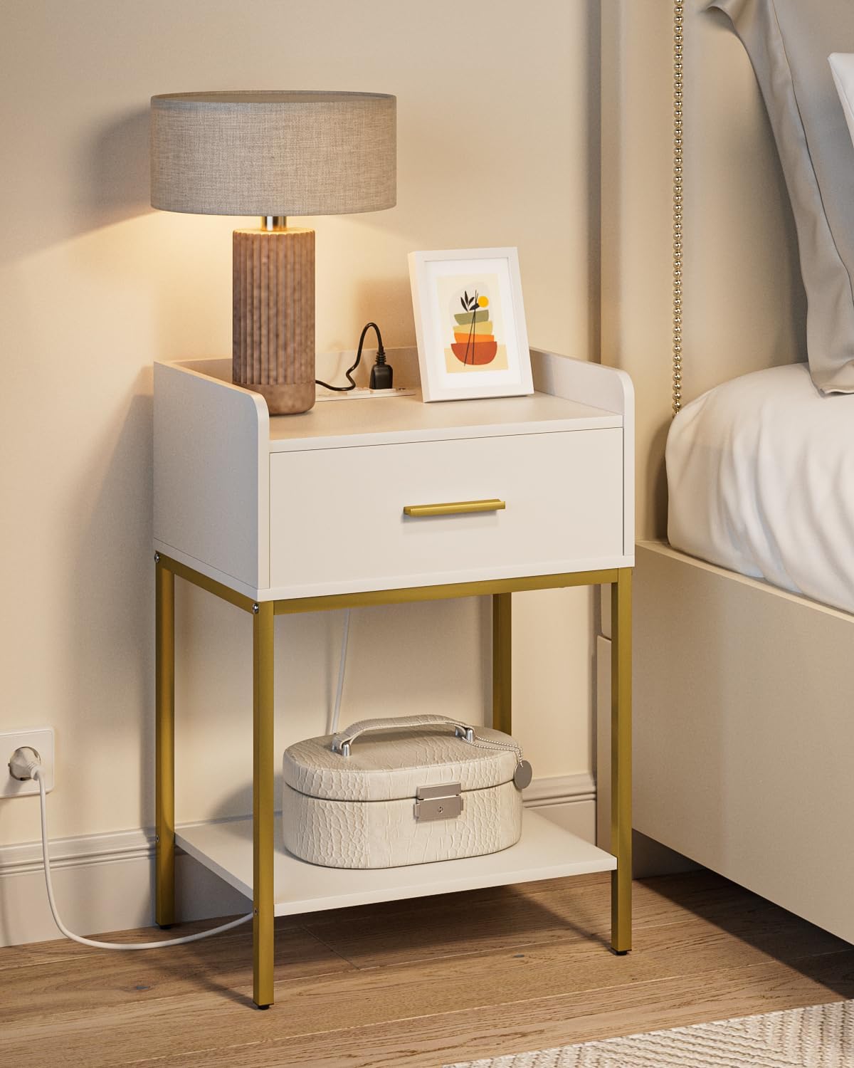Amazon.com: LITTLE TREE Modern Gold White Nightstand with Drawer and ...