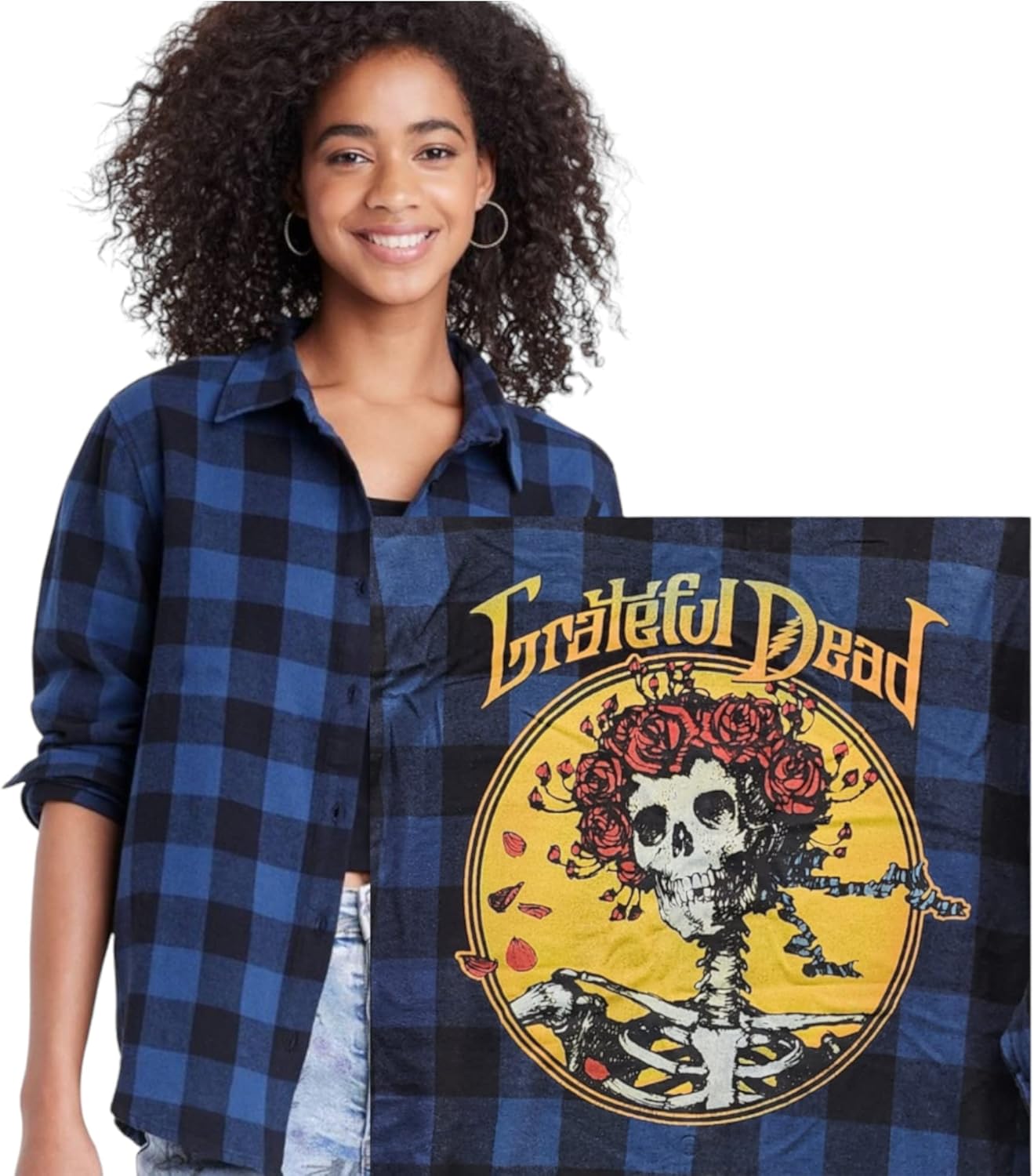 Grateful Dead Women's Long Sleeve Checkered Graphic Button-Down Shirt ...