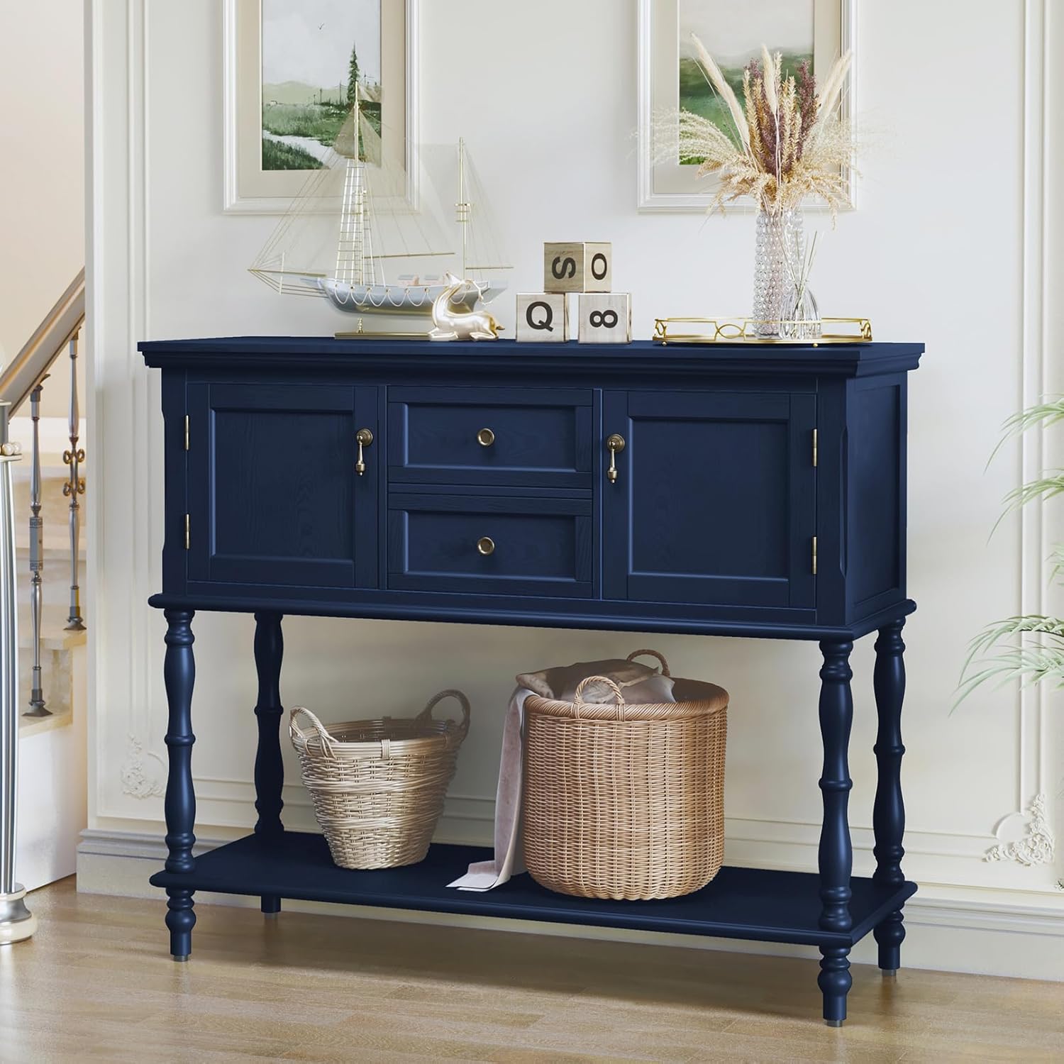 HOLTICO Console Table with Drawers and Storage Cabinets, Blue Entryway ...