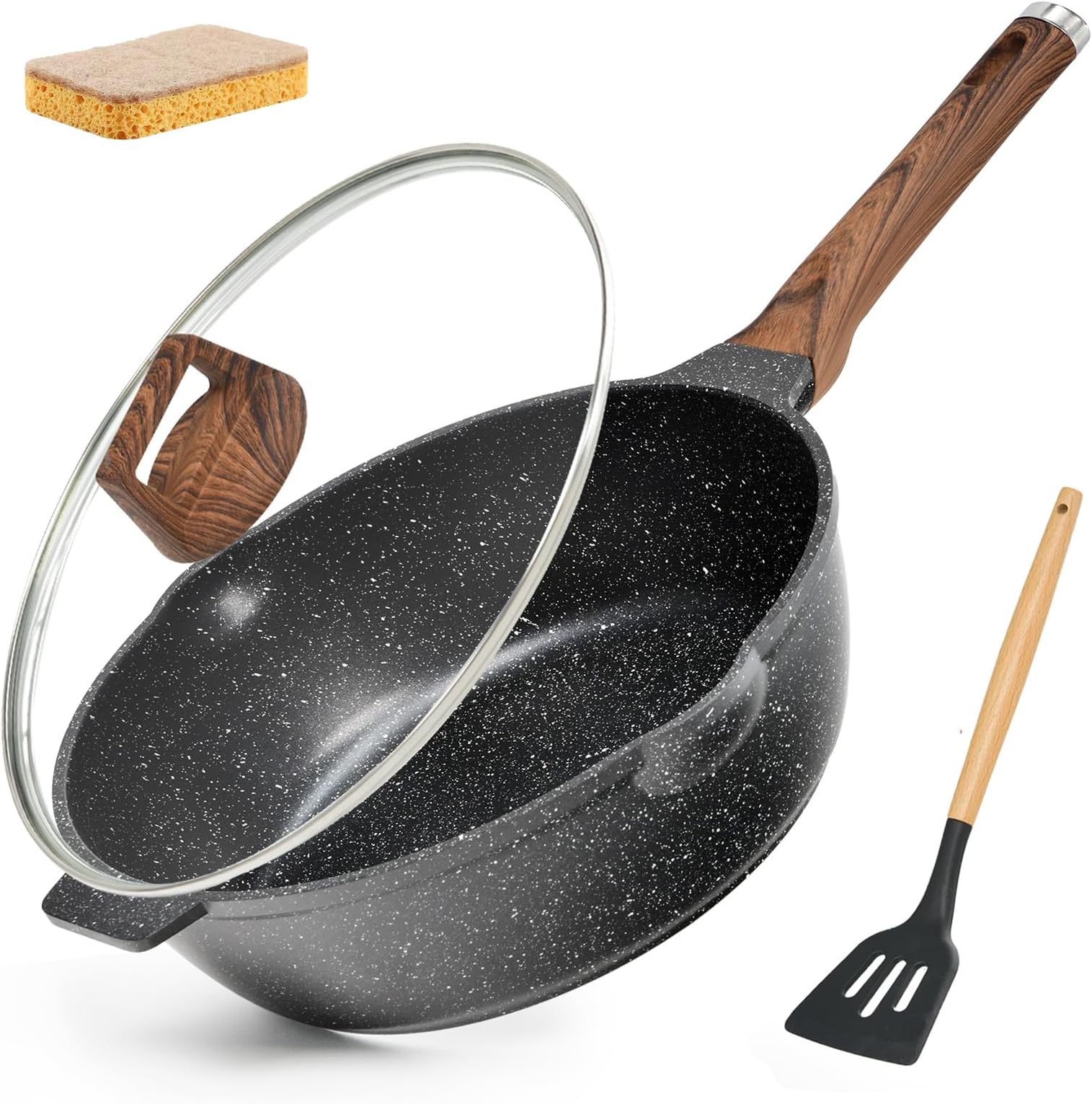 Amazon.com: MOJIRE Deep Frying Pan Nonstick with Lid and Spatula, 12 ...