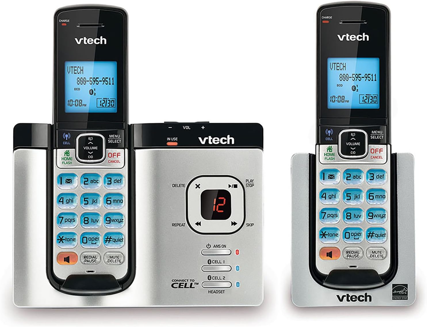 Vtech DECT 6.0 2 Cordless Phones with Bluetooth Connect-to-Cell, Caller ...