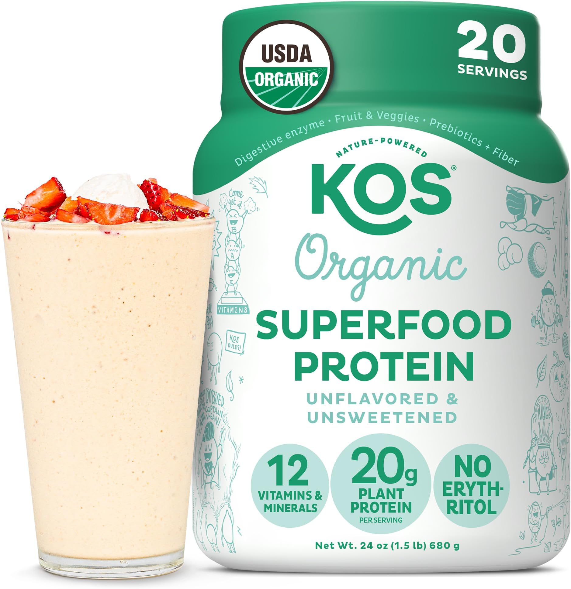 Amazon.com: KOS Vegan Protein Powder, Unflavored & Unsweetened - Low ...