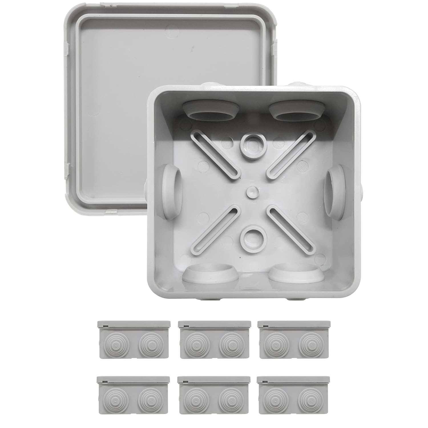 6 x Junction Box IP44 with Grommets 80mm Grey Plastic Indoor or Outdoor ...