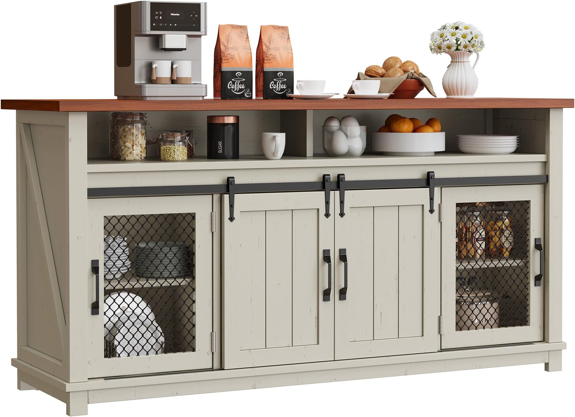 Amazon.com - 4 EVER WINNER Farmhouse Coffee Bar Cabinet with Storage, 55" Buffet Cabinet with ...