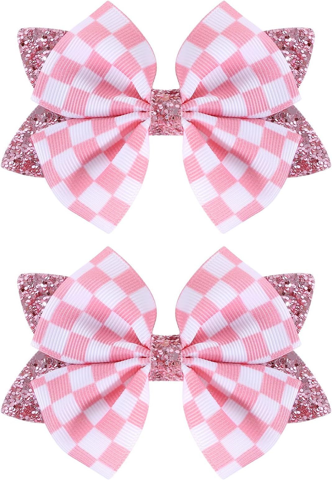 Amazon.com : Glitter Pink Checkered Buffalo Plaid Hair Bows 4'' for ...