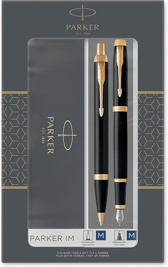 Parker IM Duo Gift Set with Ballpoint Pen & Fountain Pen | Gloss Black with Gold Trim | Blue Ink ...