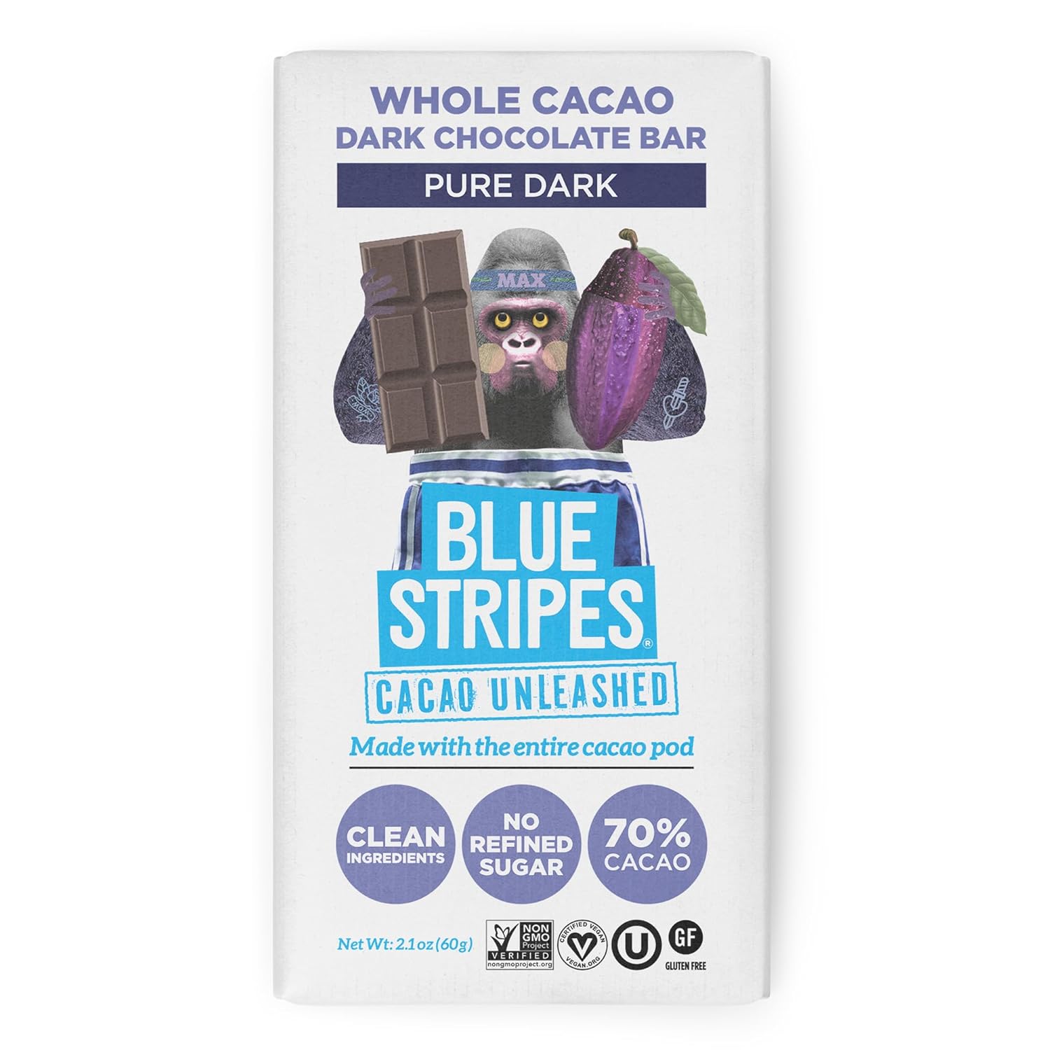 Amazon.com : Blue Stripes - Pure Dark Whole Cacao Chocolate Bars, 70% ...