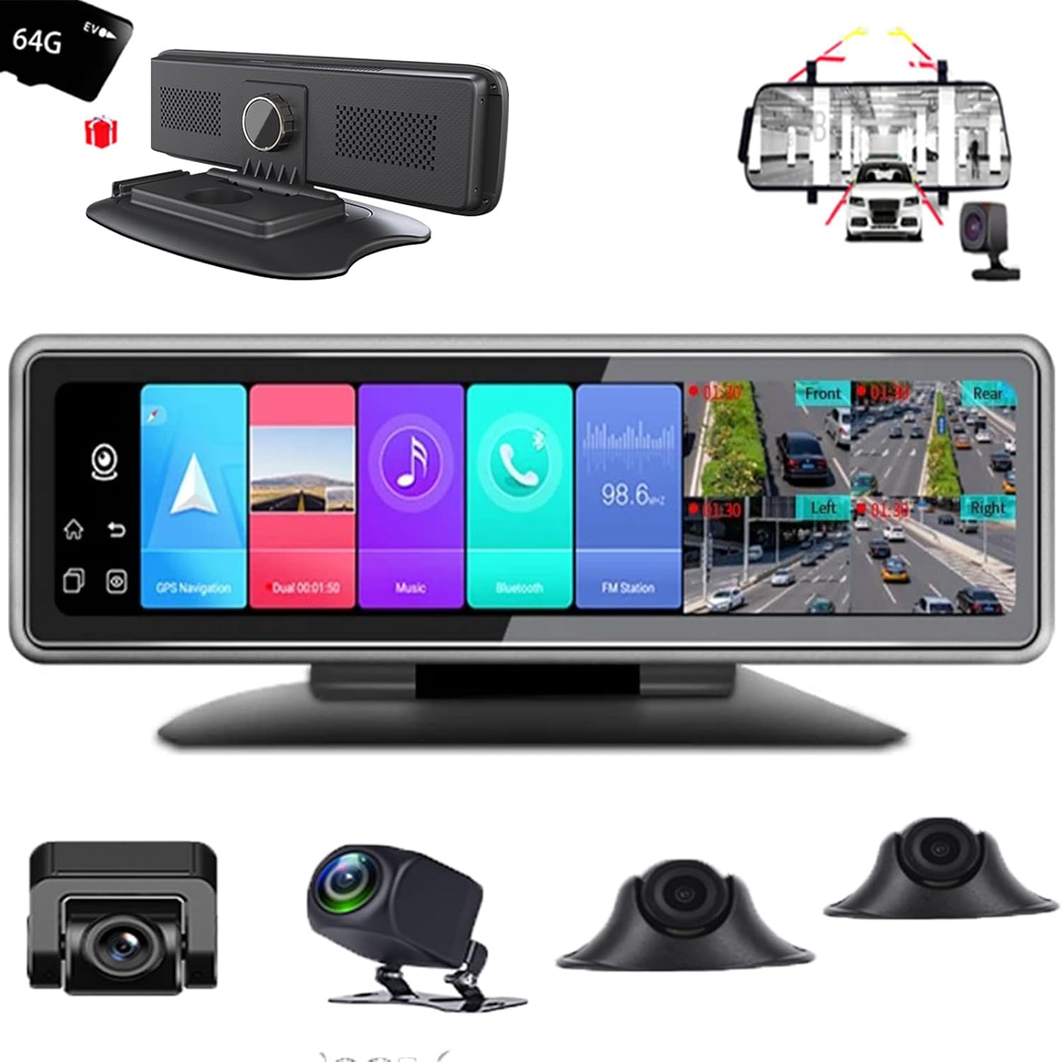 4 Channel Dash Cam,Mirror Dash Cam Front Rear and Inside Car Camera,12 ...