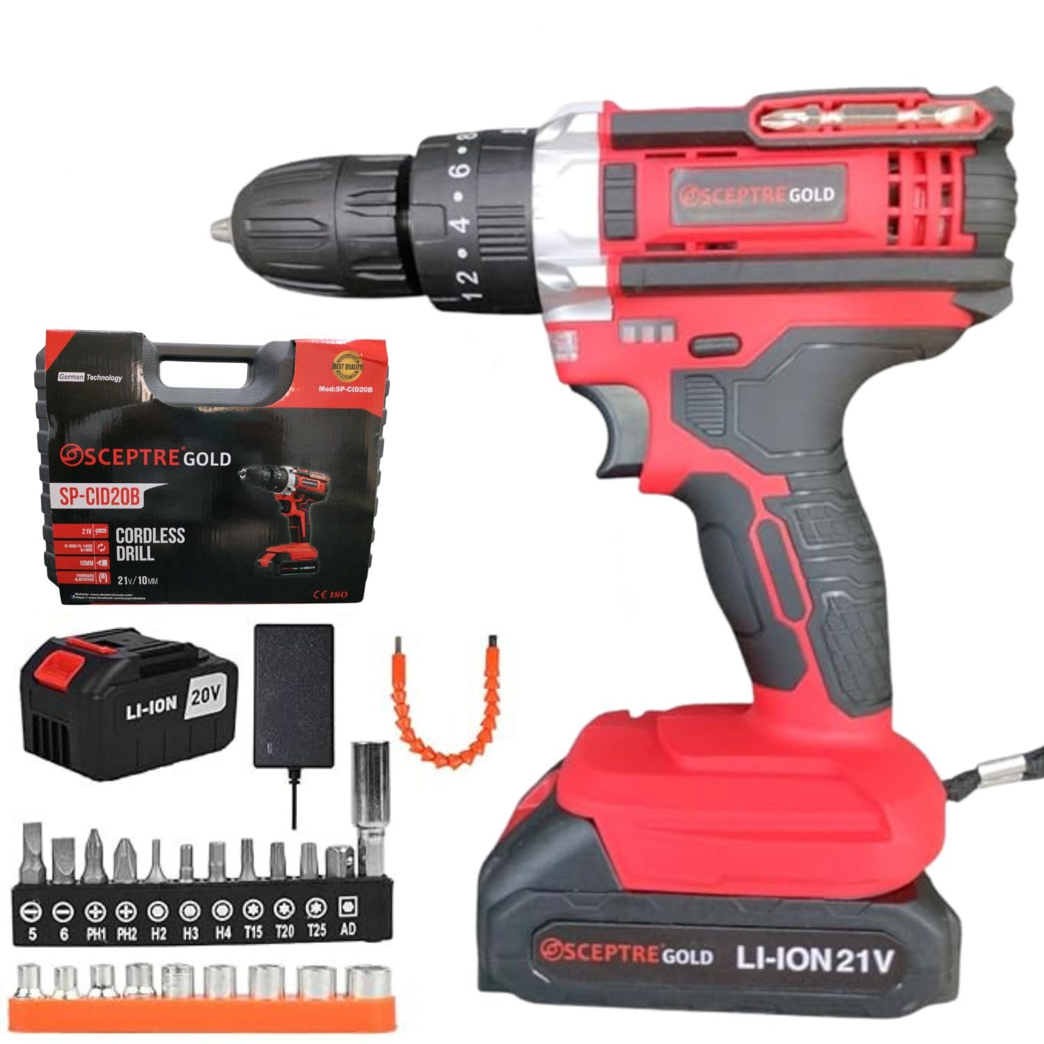 SCEPTRE SPCD21V Cordless Impact Drill Kit, 21V, 300W Variable Speed ...