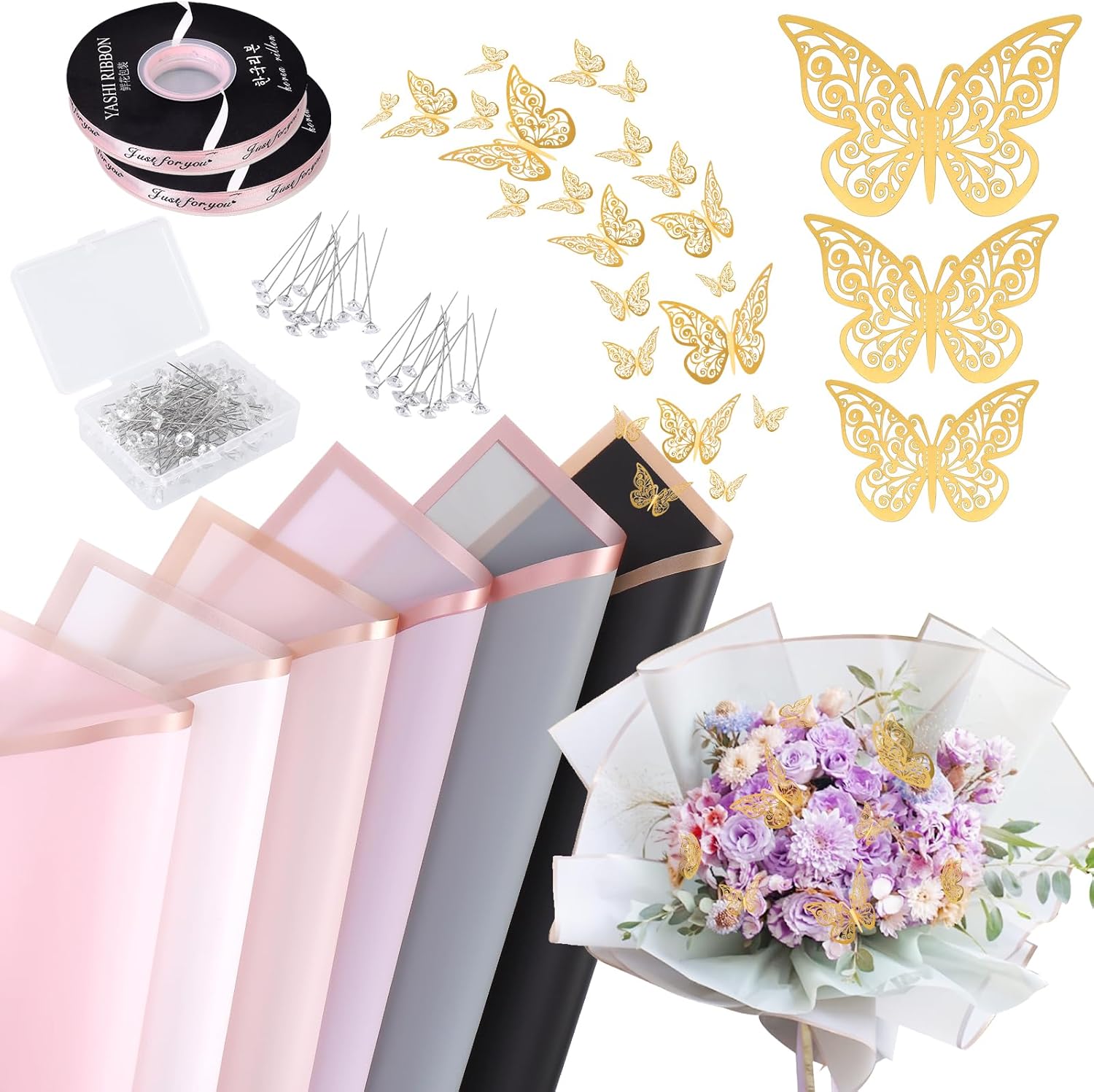 Amazon.com: 60 Sheets Flower Bouquet Wrapping Paper Kit, Waterproof ...