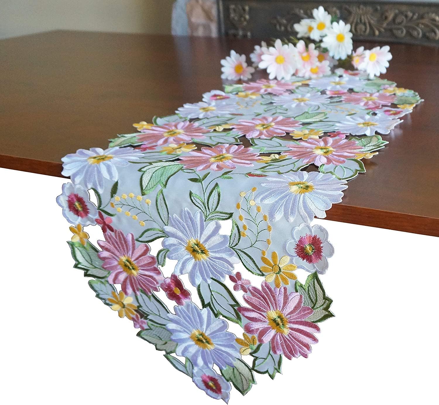 Amazon.com: Embroidered Flowery Table Runner ,Applique Floral Daisy ...