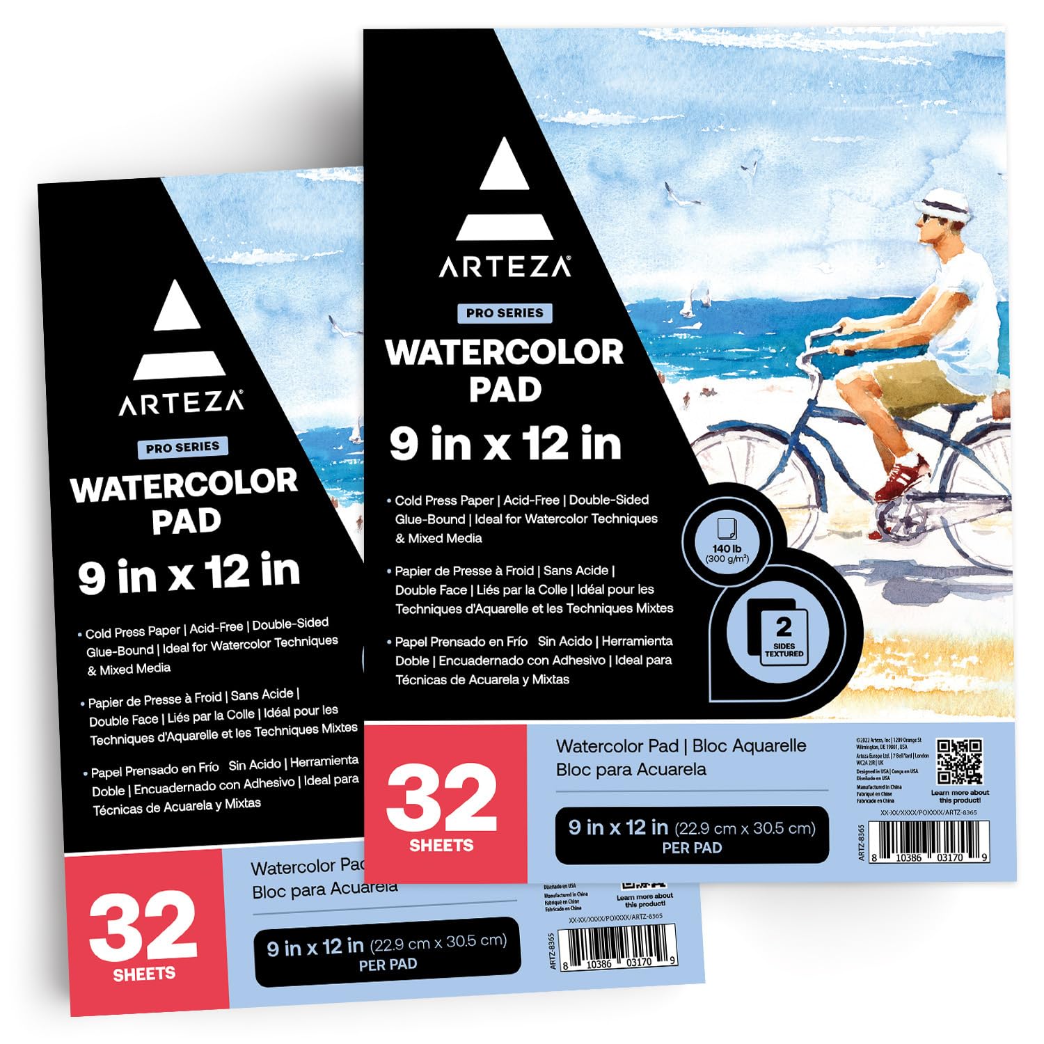 Amazon.com: ARTEZA Watercolor Paper, Pack of 2, 32 Sheets Each, 9x12 ...