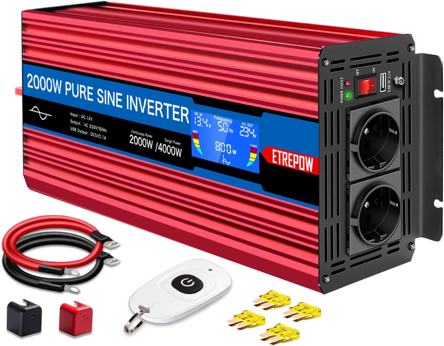 ETREPOW 2000w Convertisseur 12v 220v Pur Sinus Transformateur onduleur -2 Prise EU de Courant ...