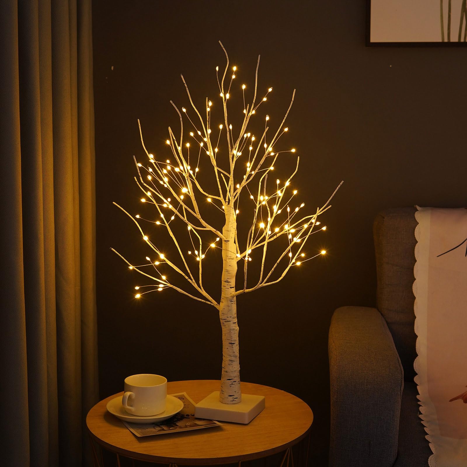 Birch Light Tree Indoor with 144 Warm White LEDs Light, 60cm LED Tree ...