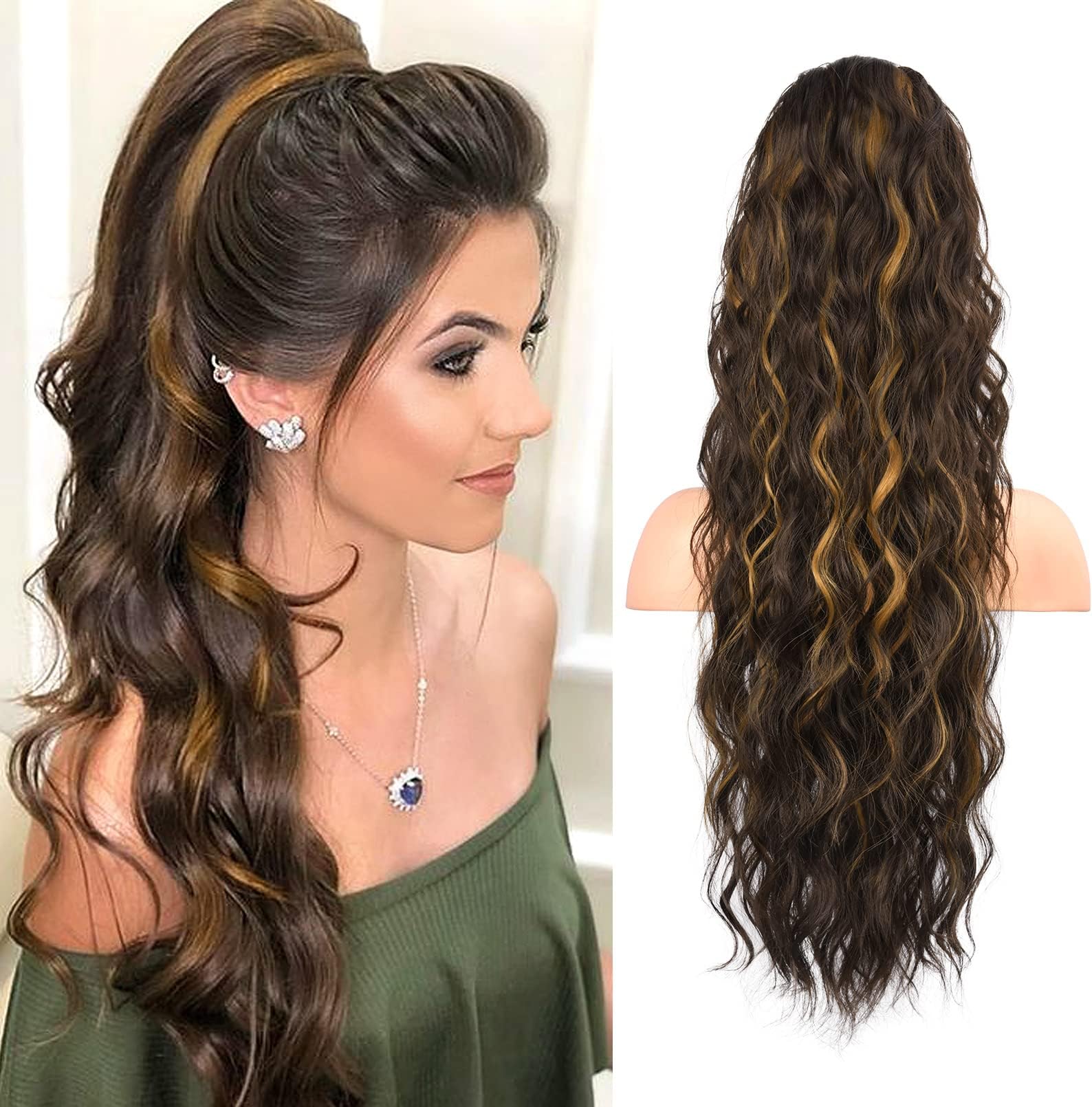 Amazon.com : LEOSA Long Body Wave Drawstring Ponytail 28 Inch Brown ...