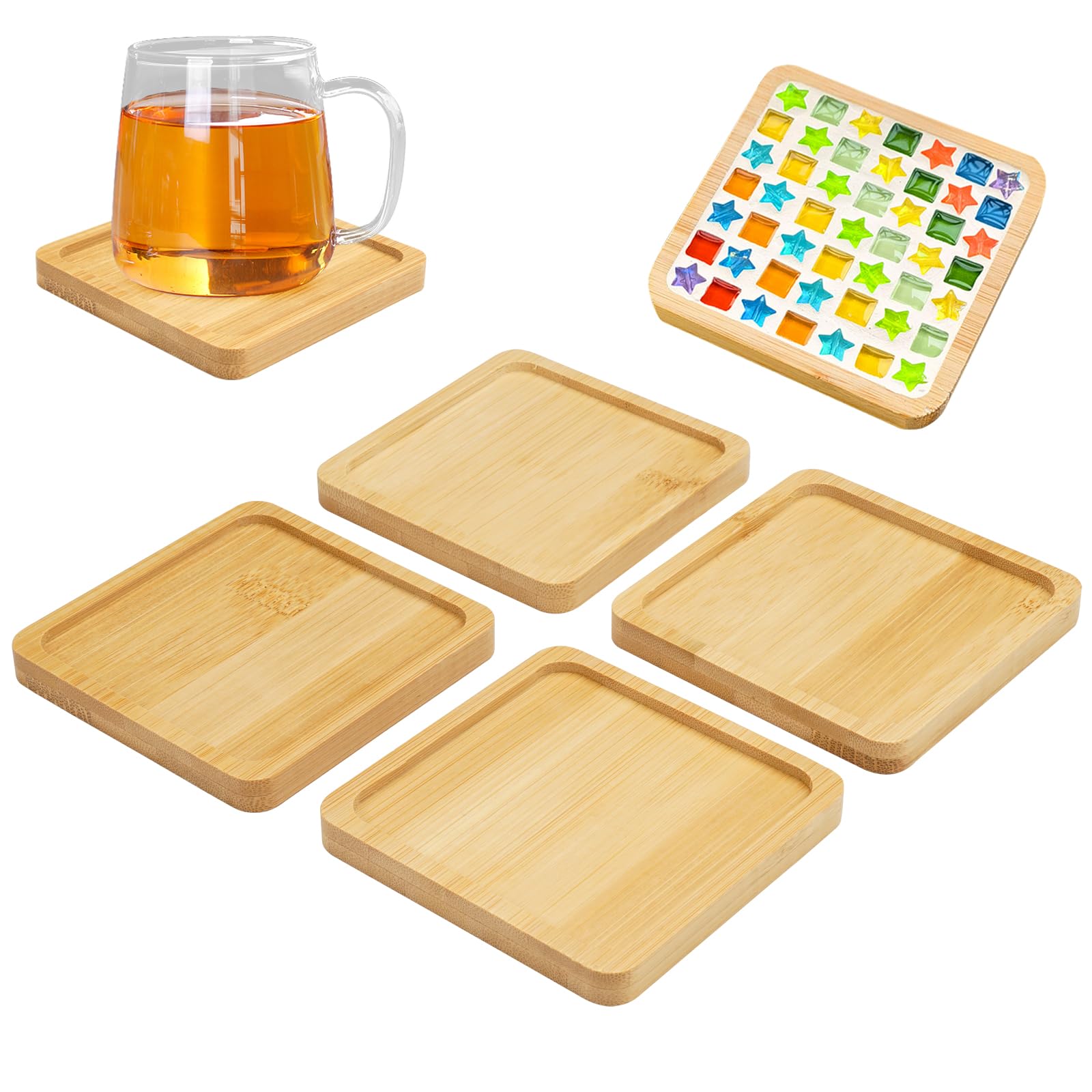 4 PCS Mosaic Bamboo Coasters, 9 cm Square Fillable Coasters, Small ...