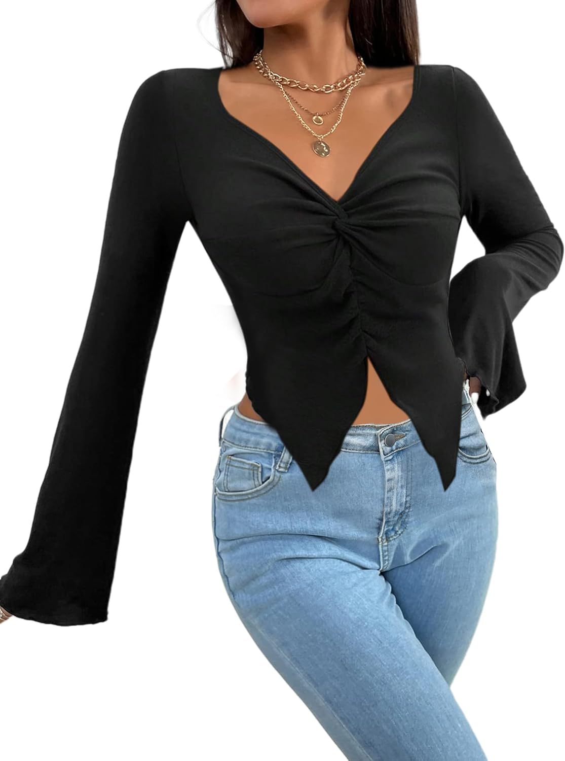 Avanova Women V Neck Bell Long Sleeve Crop Top Twist Knot Asymmetrical ...
