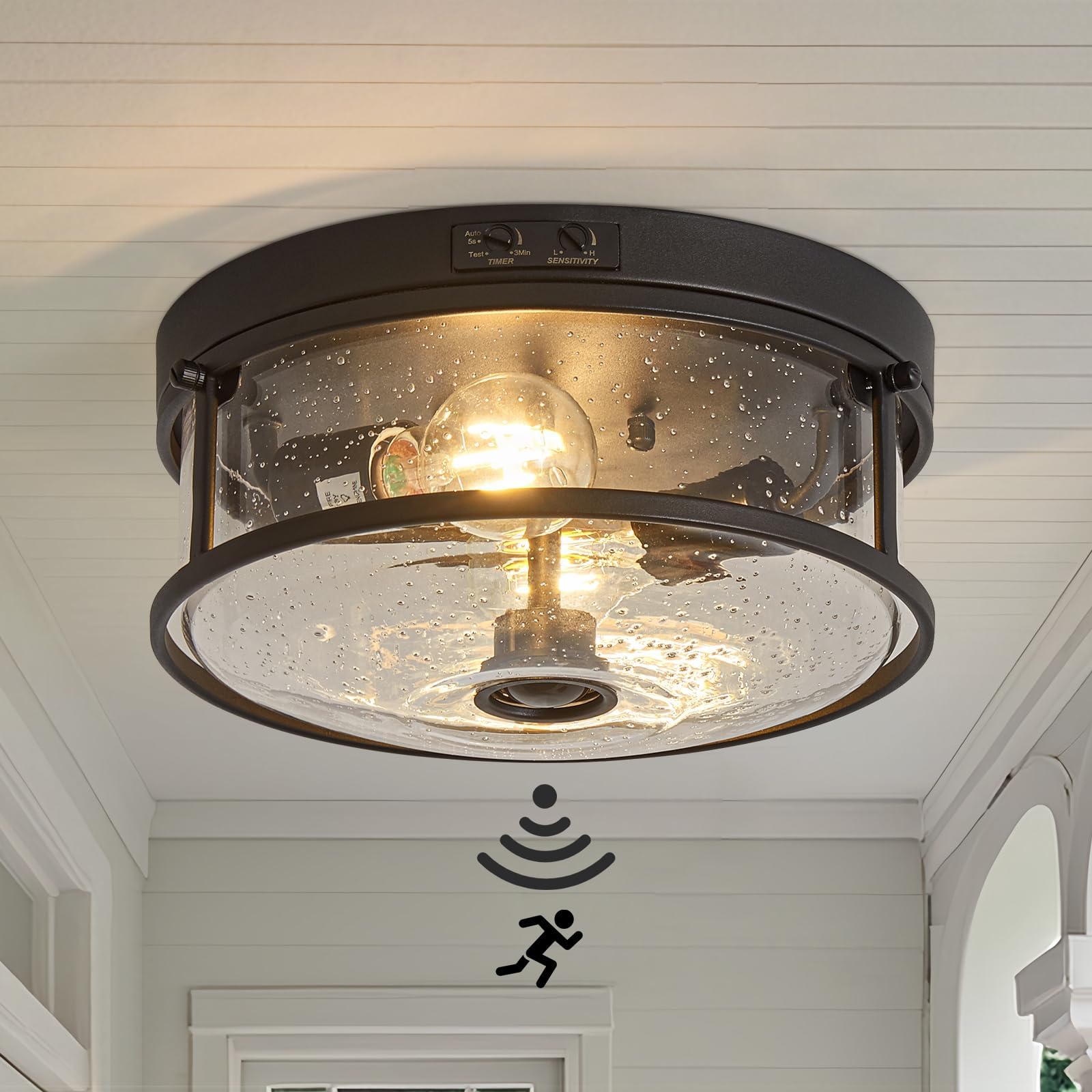 Outdoor Ceiling Light with Motion Sensor, 2-Light Flush Mount Ceiling ...