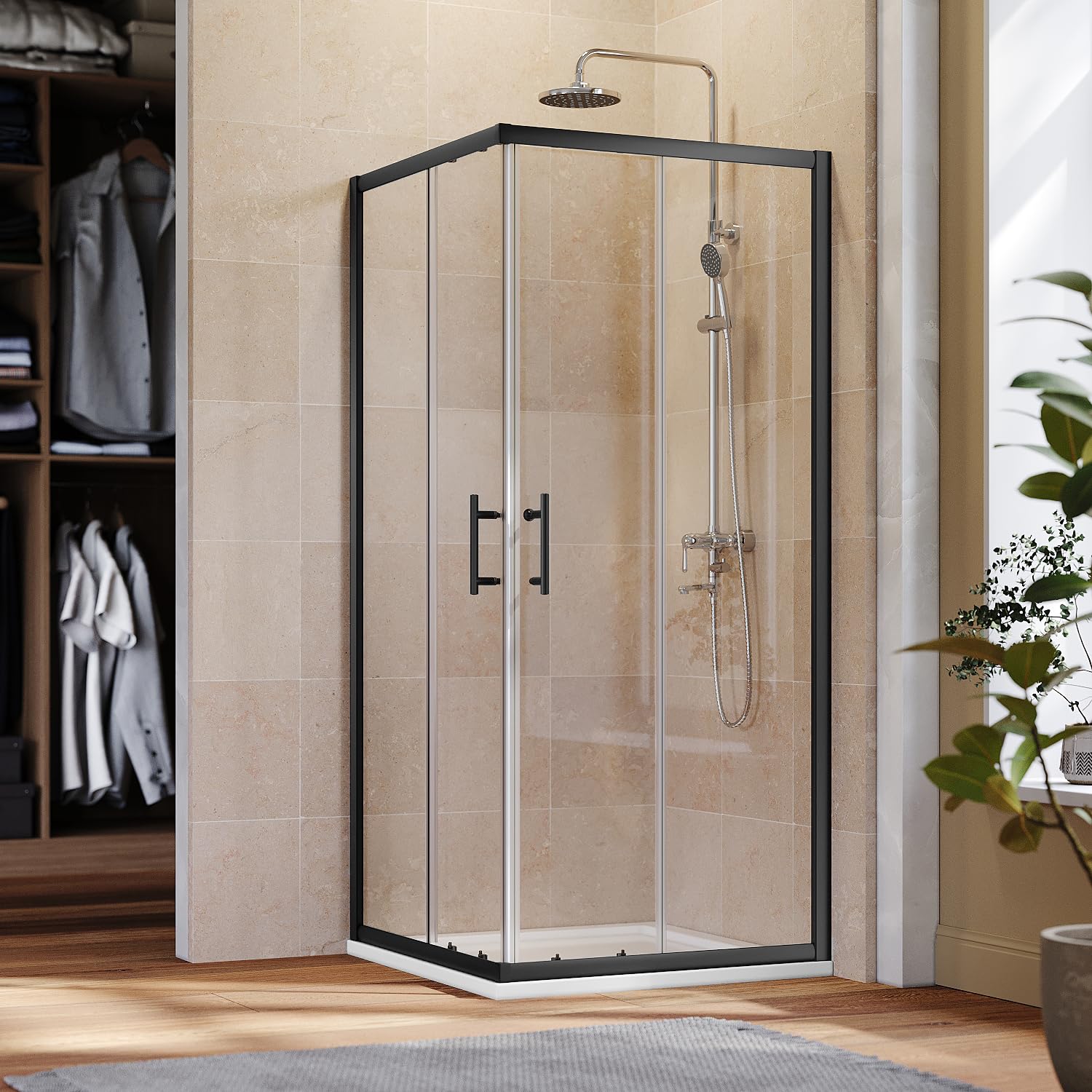 ELEGANT 760 x 760 mm Black Corner Entry Shower Enclosure 6mm Extra Toughened Safety Glass ...