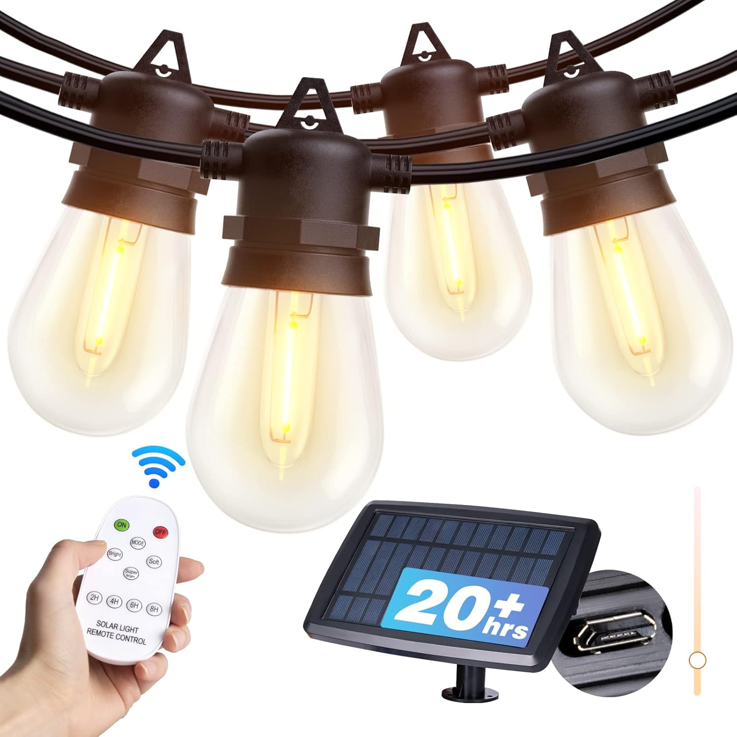 addlon 104FT(98FT+6) Solar String Lights Outdoor Waterproof with USB ...