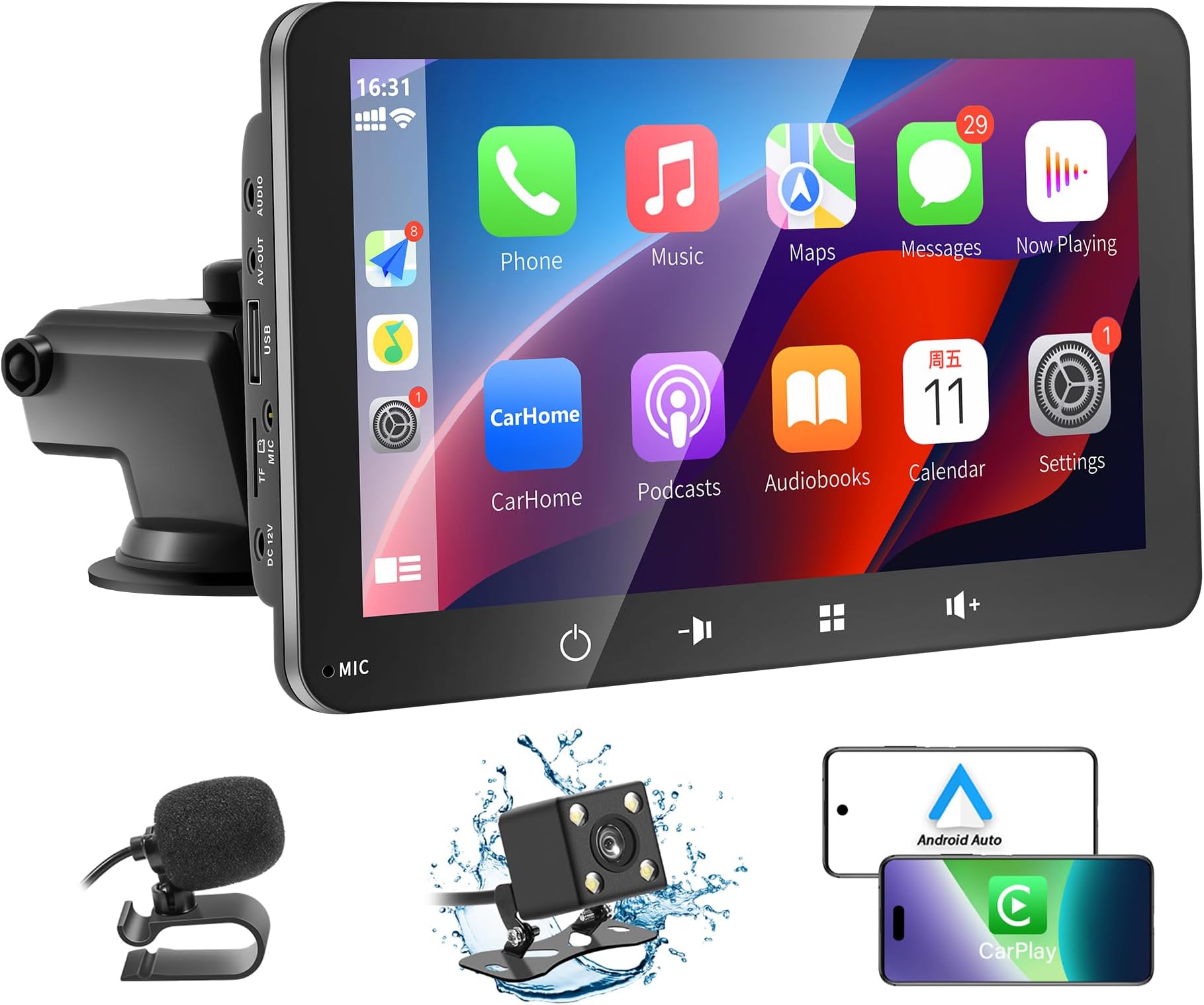 Amazon.com: Wireless CarPlay Android Auto Screen - Portable Dash Mount ...