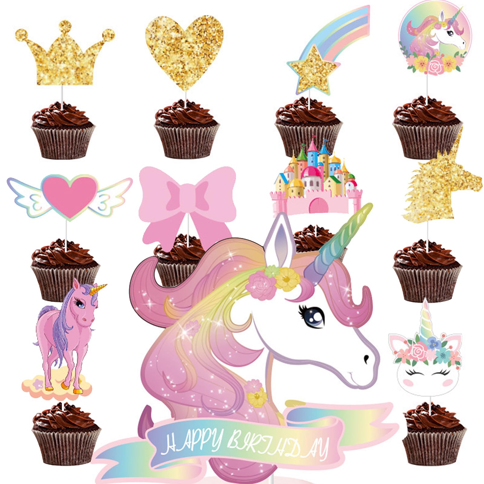 Amazon.com: ICNYEKl 37 Pcs of Unicorn Cupcake Toppers,Happy Birthday ...