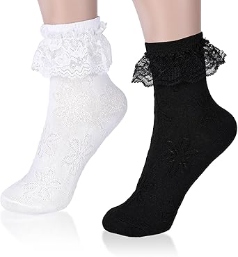 Amazon.com: Tyqour 2pairs White Ruffle Socks for Women Turn-Cuff Lace ...