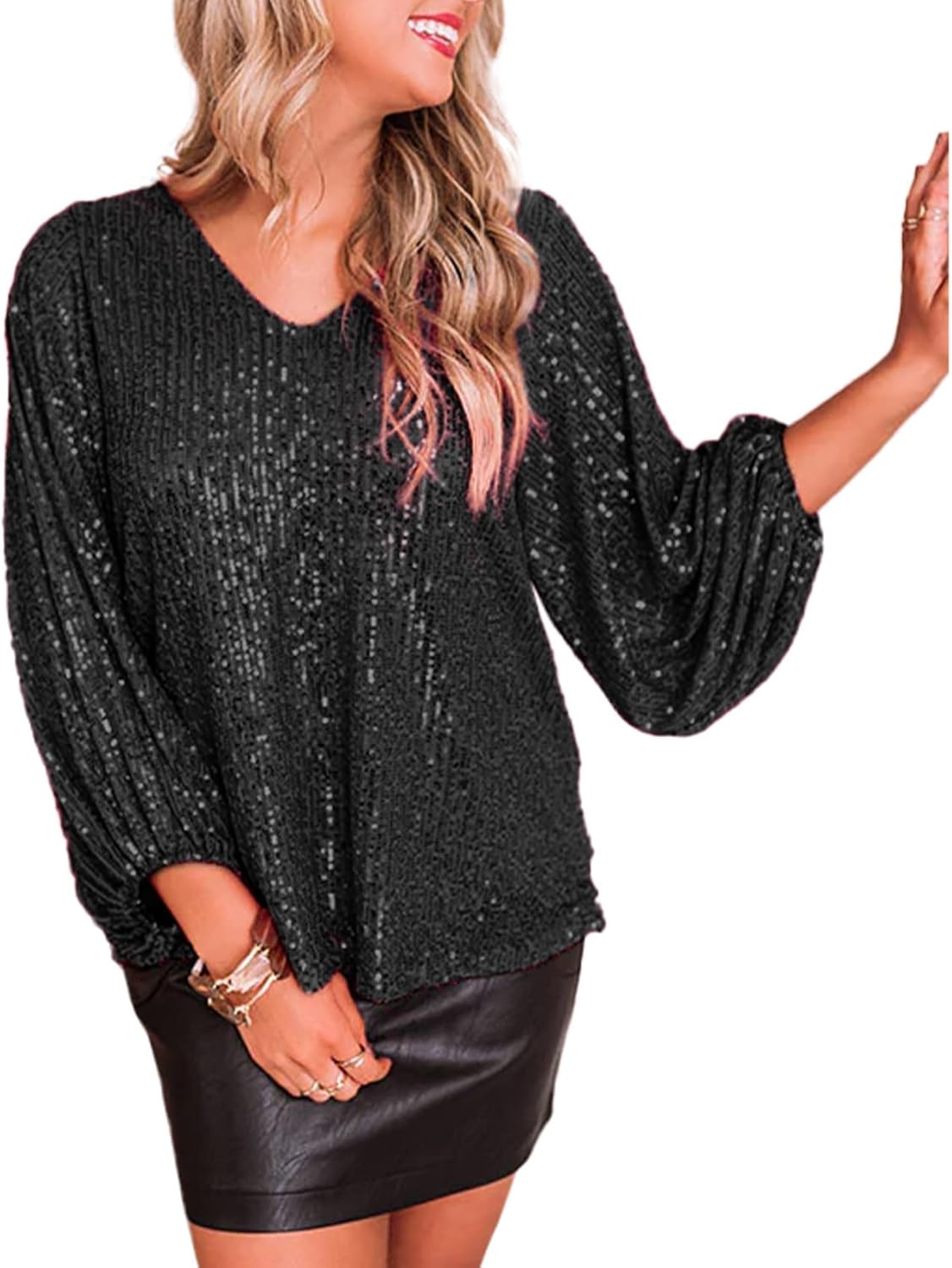 MAYSTEPPE Women Sequin Top Sexy V Neck Balloon Long Sleeve Sequin Shirt ...