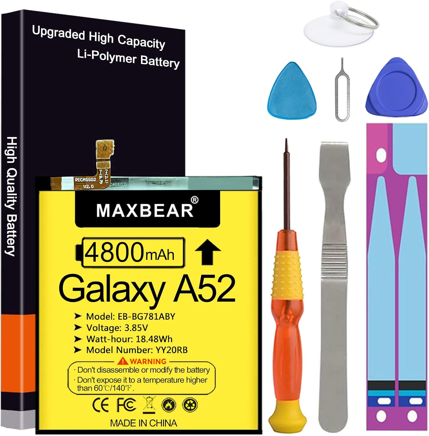 Amazon.com: MAXBEAR Galaxy A52 Battery, 4800mAh 3.85V Li-Polymer ...