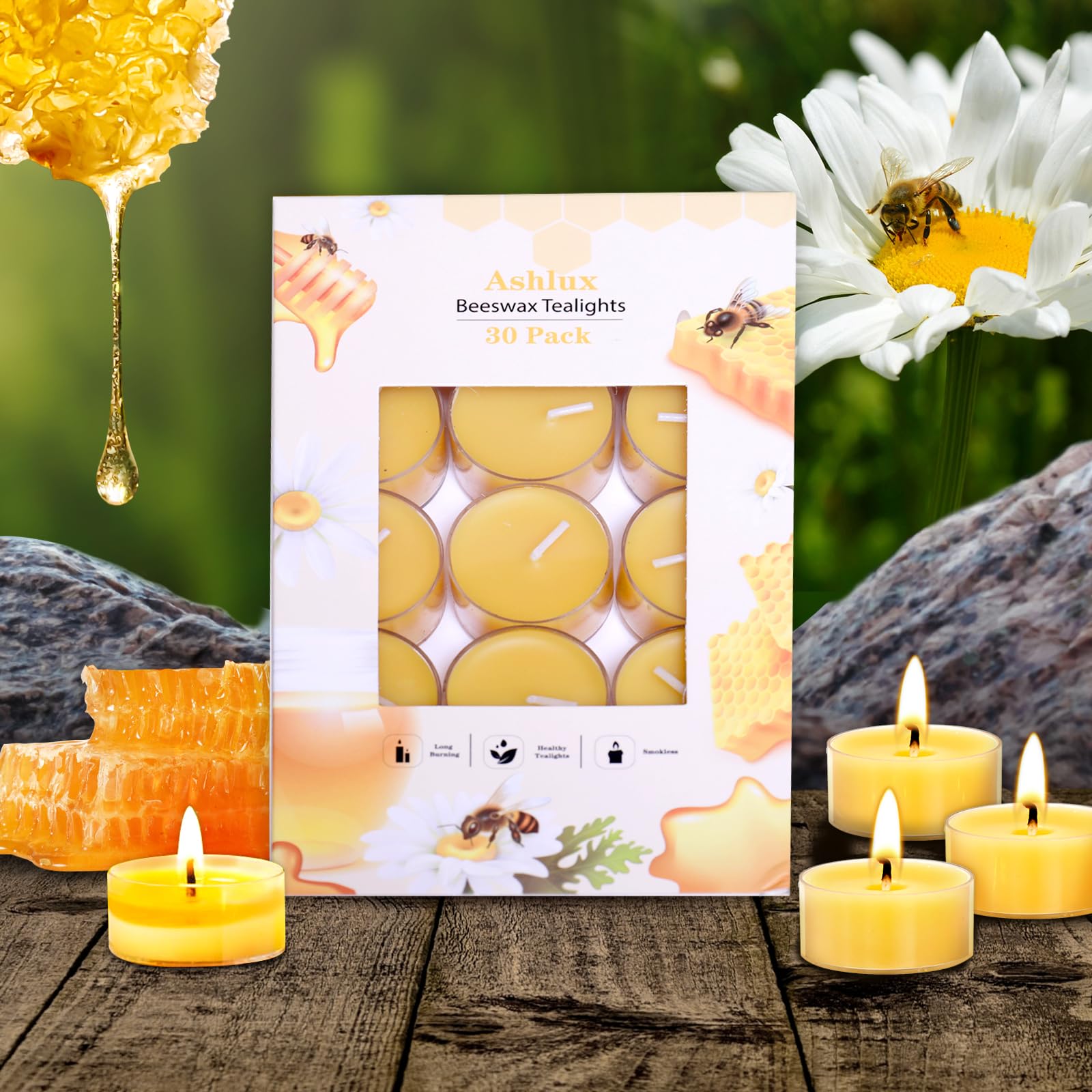 Amazon.com: Ashlux Unscented Beeswax Tealight Candles 30 Pack, 4 Hours Long Burning Handmade ...