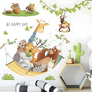 Amazon.com: Animals on Hammock Wall Decals Monkey Giraffe Elephant Bear ...