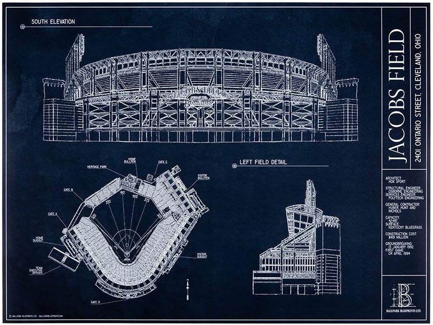 Amazon.com: Jacobs Field Blueprint Style Print (Unframed, 18" H x 24" W ...