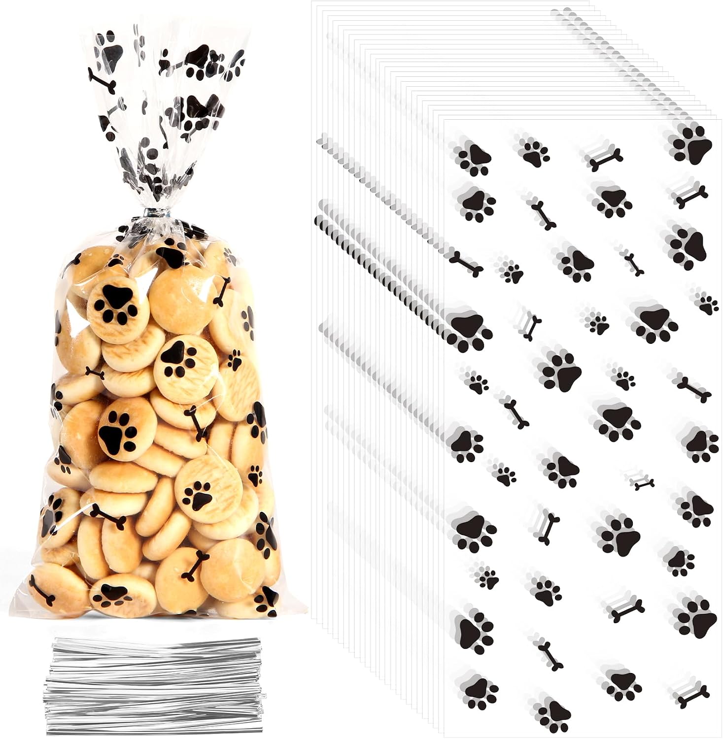 Amazon.com: 120 PCS Plastic Dog Paw Cellophane Treat bags with Ties ...