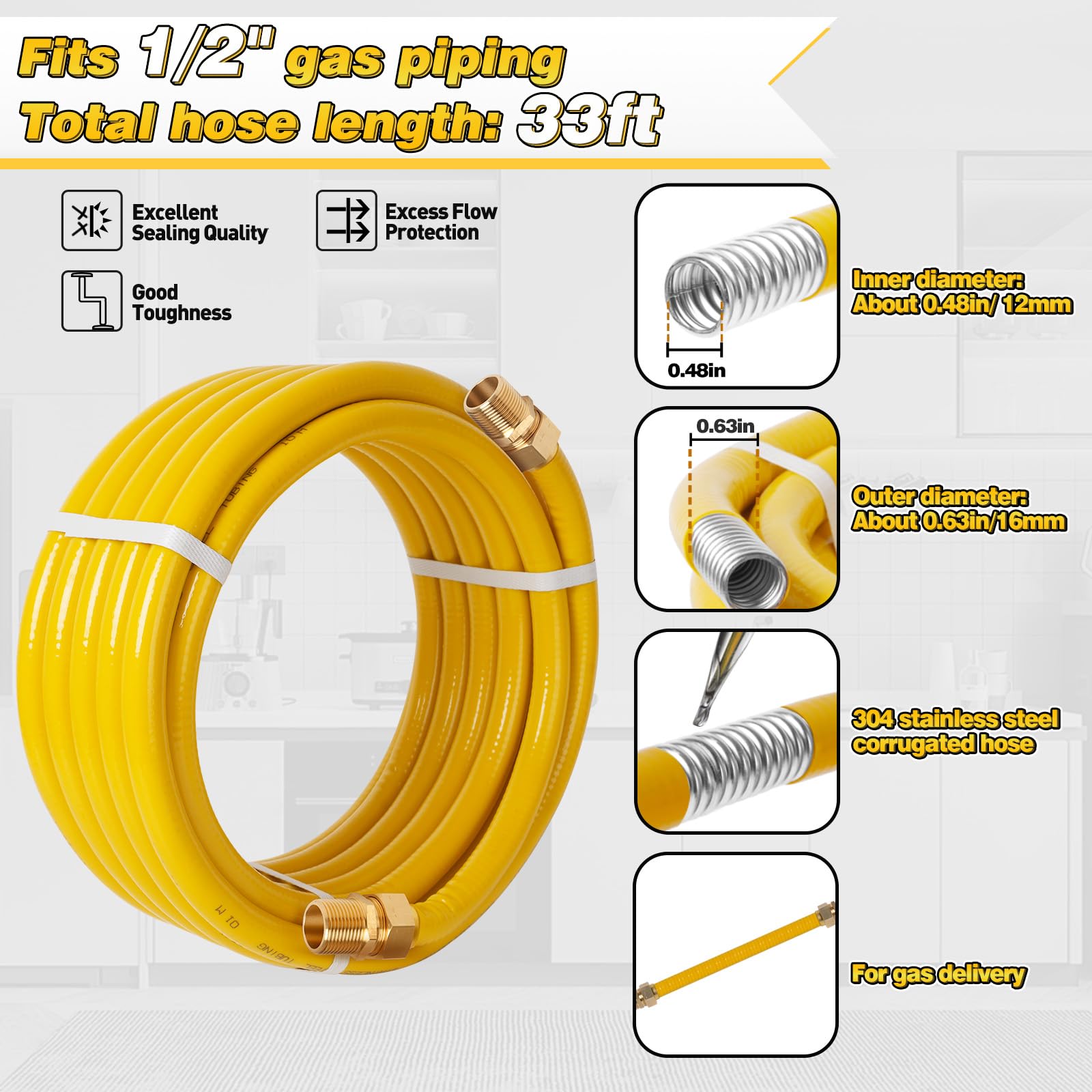 Snapklik.com : Jasdego 33ft 1/2 Gas Line CSST Flexible Stainless Steel Tubing Pipe Anti-Cracking ...