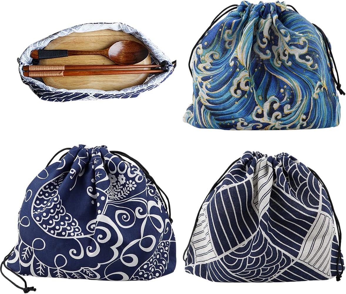 Amazon.com: 3PCS Lunch Tote Bag Japanese Style Drawstring Bento Pouch ...