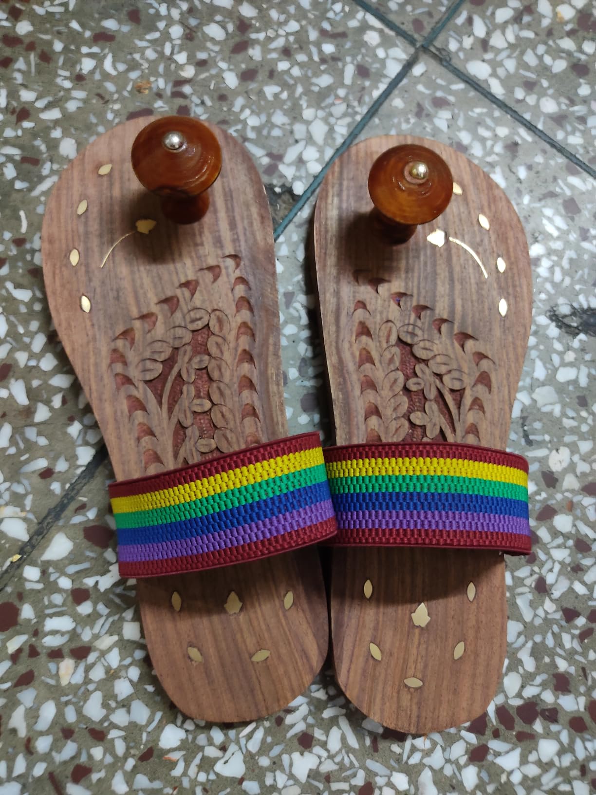 Buy Northroot Wooden KHADAU Slippers with Rubber Straps Floral Design ...