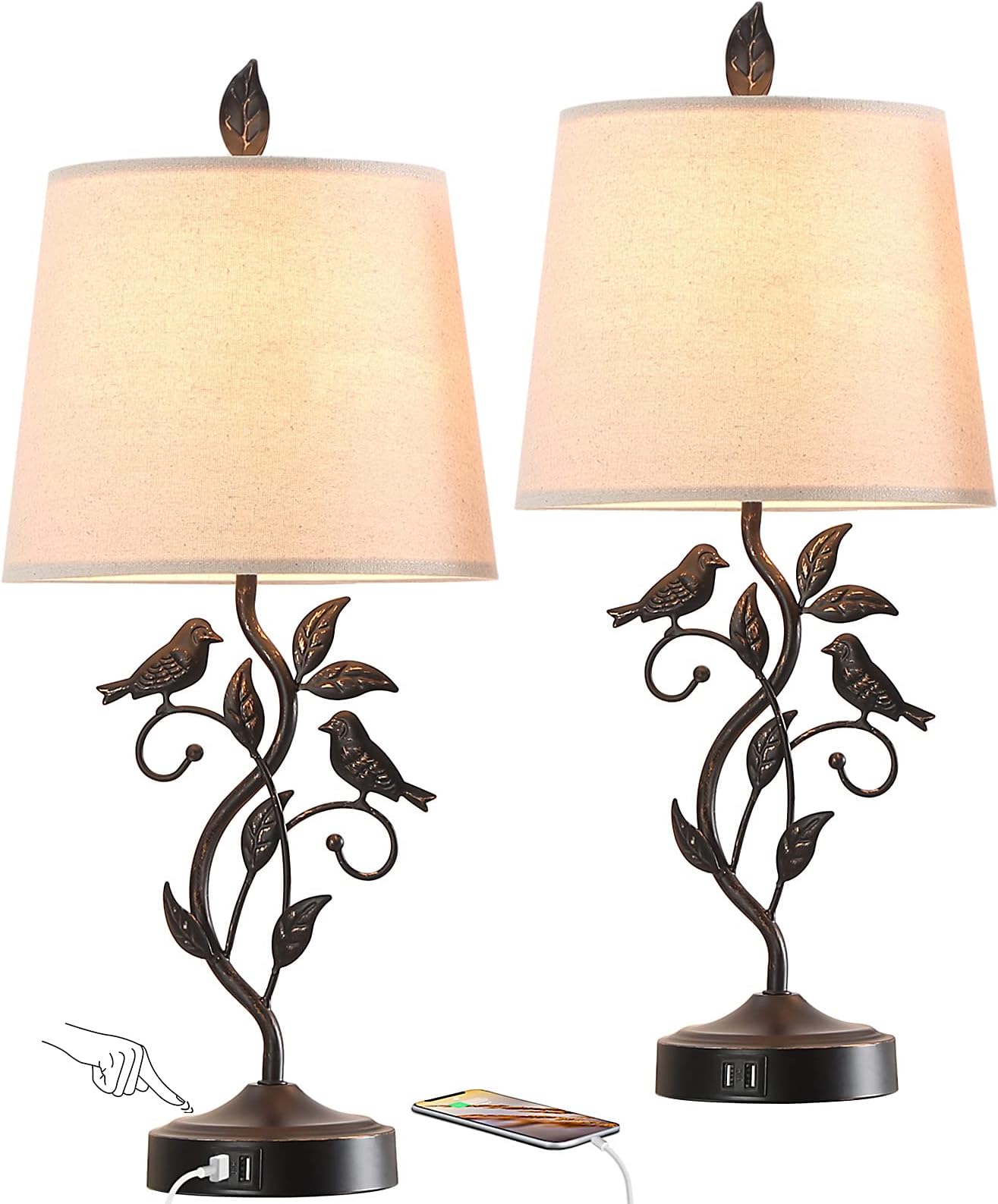 Reyokale Set of 2 Touch Living Room Table Lamps with 2 USB Ports ...