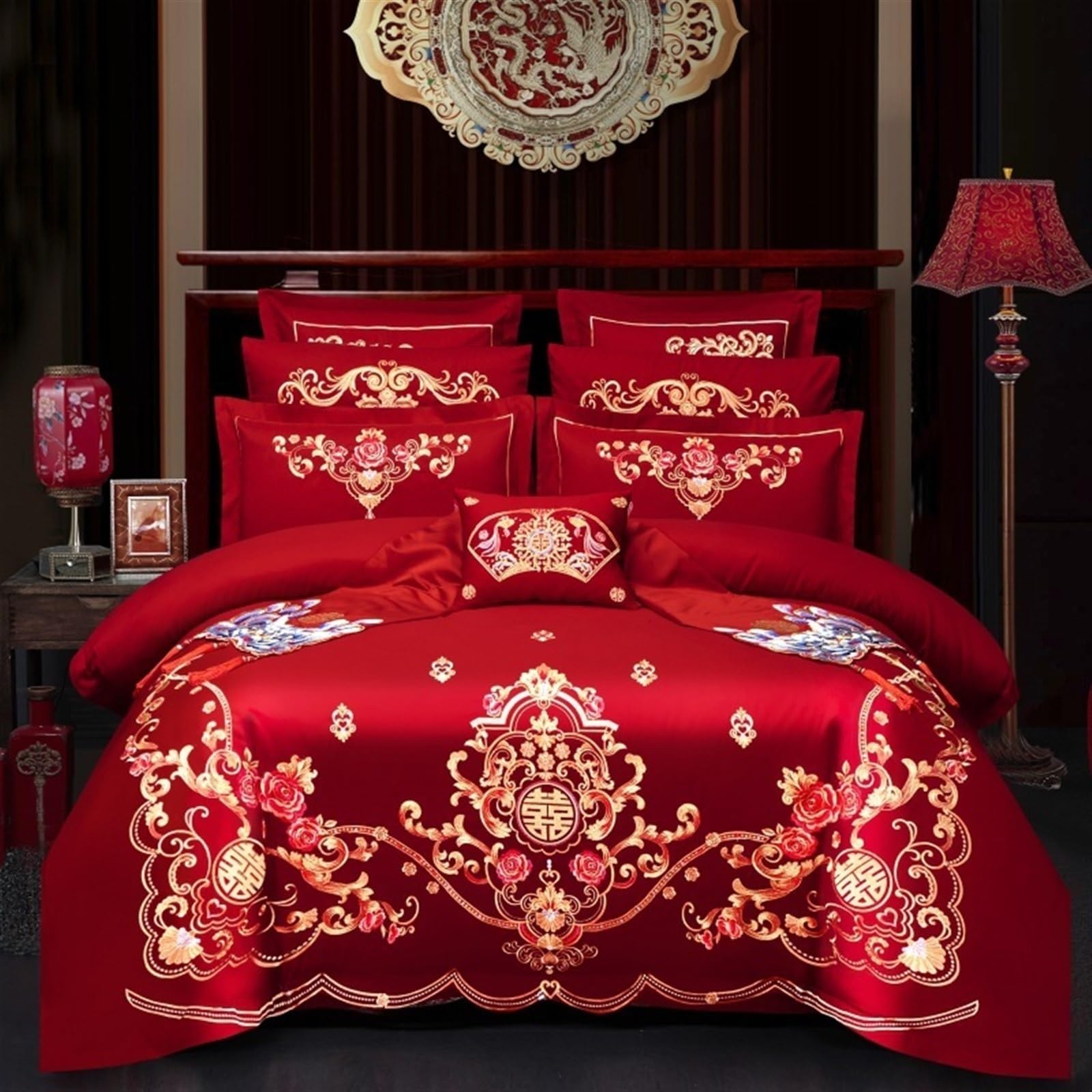 Amazon.com: KIRYU Chinese Traditional Red Sheet Asian Bedding Dragon ...